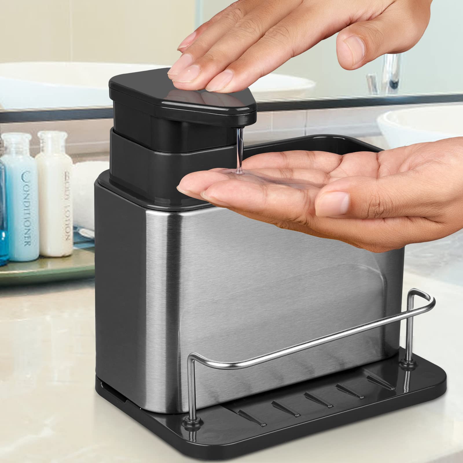 RedCall Soap Dispenser for Kitchen Sink, 3-in-1 Sponge Holder for Kitchen Sink Caddy, Stainless Steel Kitchen Sink Organizer Tray Drainer Rack, Rustproof Dish Soap Dispenser Brush Holder Countertop