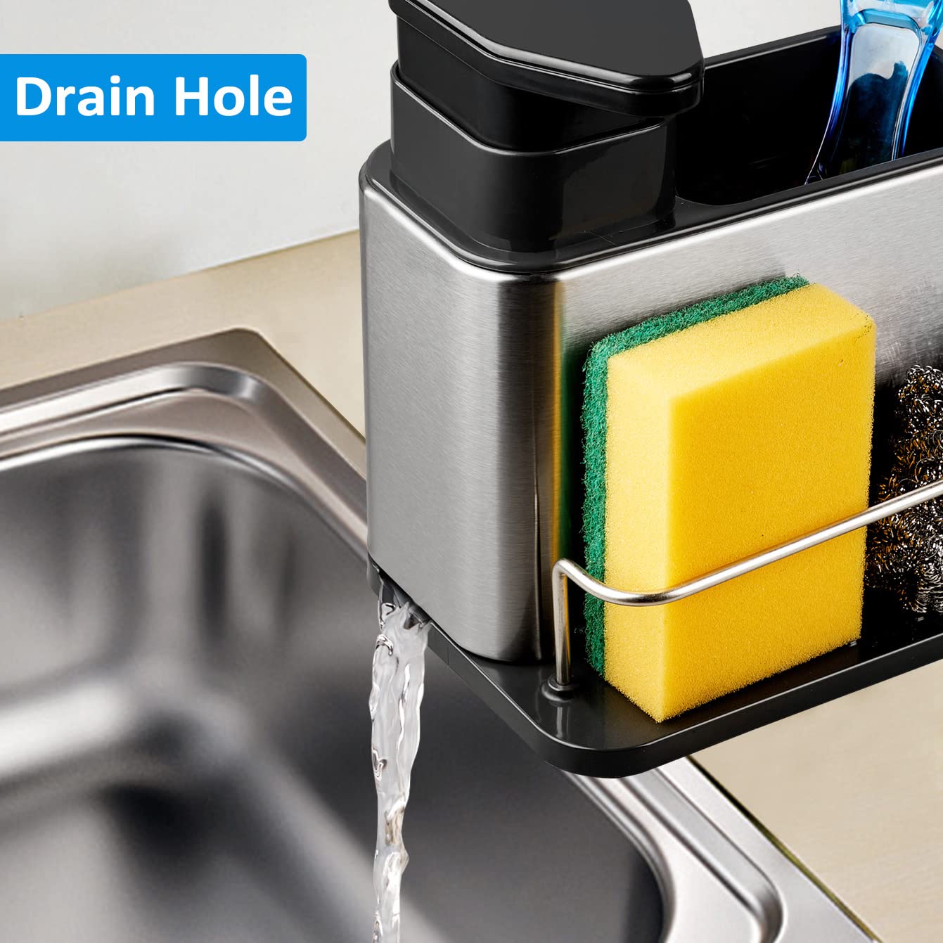 RedCall Soap Dispenser for Kitchen Sink, 3-in-1 Sponge Holder for Kitchen Sink Caddy, Stainless Steel Kitchen Sink Organizer Tray Drainer Rack, Rustproof Dish Soap Dispenser Brush Holder Countertop