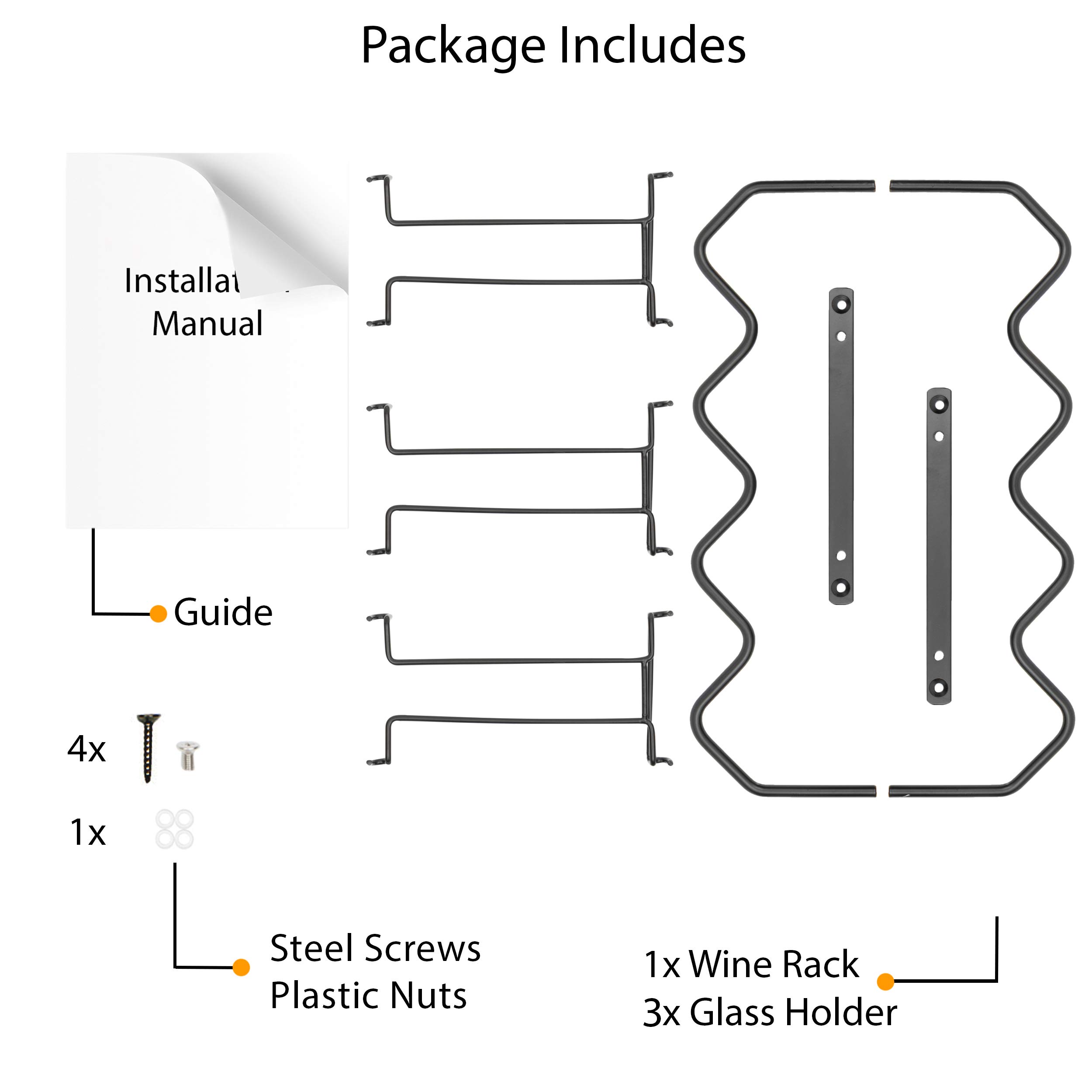 Wallniture Piccola Under Cabinet Wine Rack & Glasses Holder Kitchen Organization with 4 Bottle Organizer Metal Black