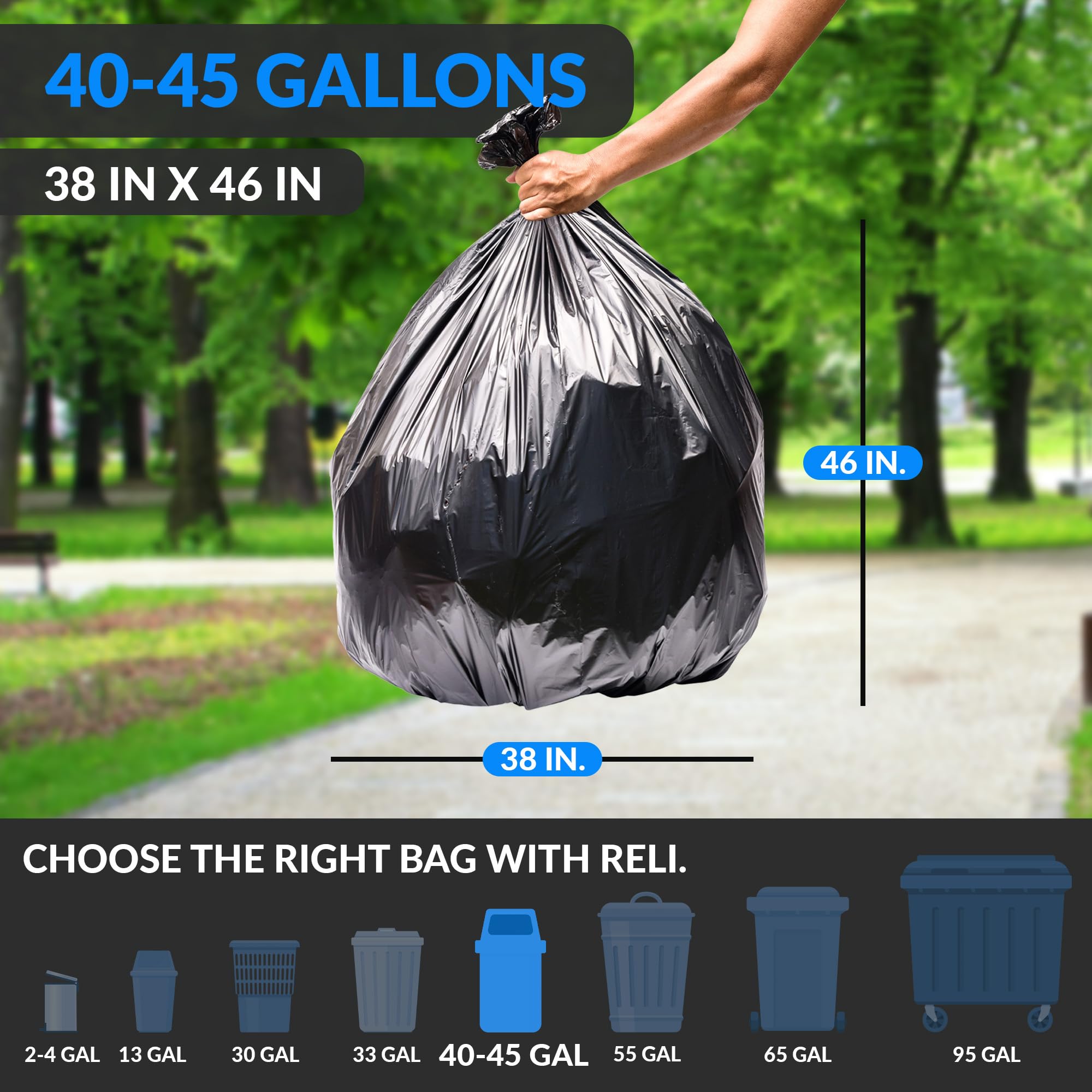 Reli. SuperValue 40-45 Gallon Trash Bags (250 Count Bulk), Made in USA | Black Large Garbage Bags - 40 Gallon - 42 Gallon - 44 Gallon - 45 Gallon Large Trash Bag Can Liners 40-45 Gal Capacity