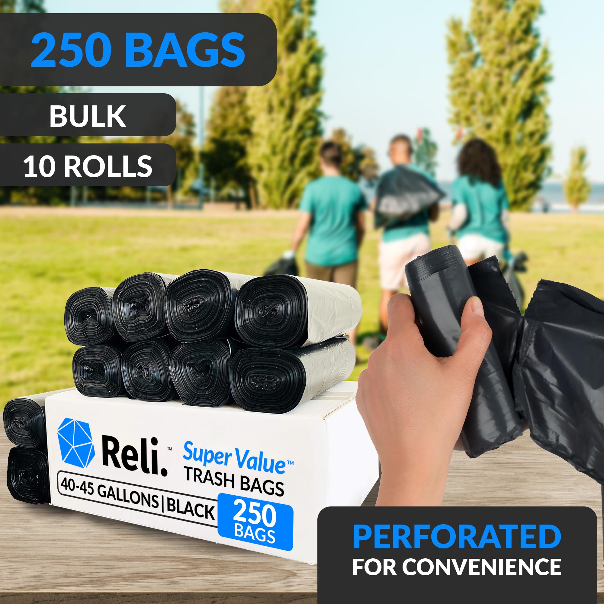 Reli. SuperValue 40-45 Gallon Trash Bags (250 Count Bulk), Made in USA | Black Large Garbage Bags - 40 Gallon - 42 Gallon - 44 Gallon - 45 Gallon Large Trash Bag Can Liners 40-45 Gal Capacity