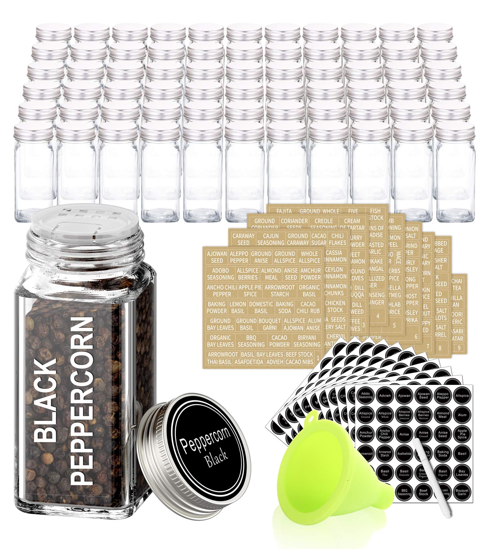SWOMMOLY 66 Glass Spice Jars with 703 Spice Labels, Chalk Marker and Funnel Complete Set. 66 Square Glass Jars 4oz, Airtight Cap, Pour/sift Shaker Lid
