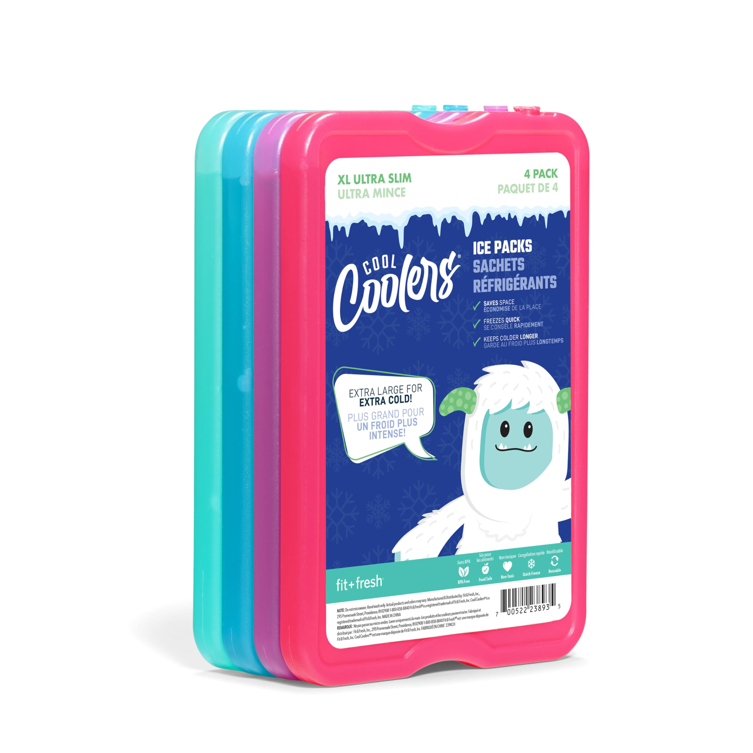 Fit + Fresh XL Cool Coolers Freezer Slim Ice Pack for Lunch Box, Coolers, Beach Bags and Picnic Baskets, Multi-Colored, 4 pack, Extra Large