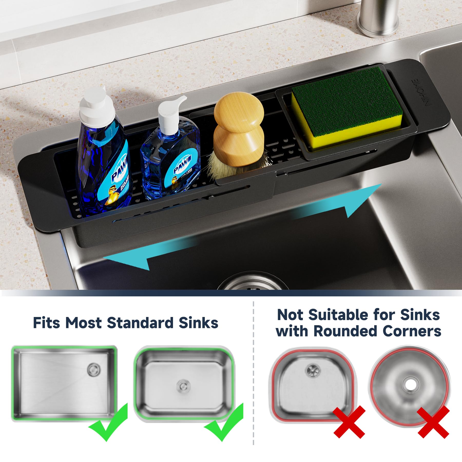NiHome 17.5ββx15.3ββ Roll Up Dish Drying Rack with Side Utensil Holder Tray Over Sink Detachable Foldable Collapsible Stainless Steel Multipurpose Kitchen Drainer (Black)