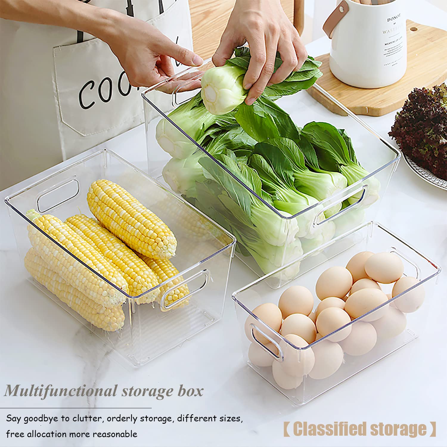 ACIGI Fridge Kitchen refrigerator organizer bins box - Clear Food Storage Baskets for Kitchen, Fridge, Freezer, Cabinets, Countertops, Bedrooms, Stackable Plastic Household Containers, Transparent