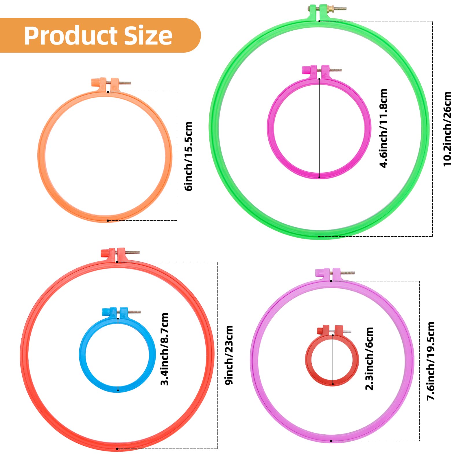 Caydo 7 Pieces Plastic Embroidery Hoops, 2.3 inch to 10.2 inch Circle Cross Stitch Hoops for Embroidery and Cross Stitch (Multicolor)