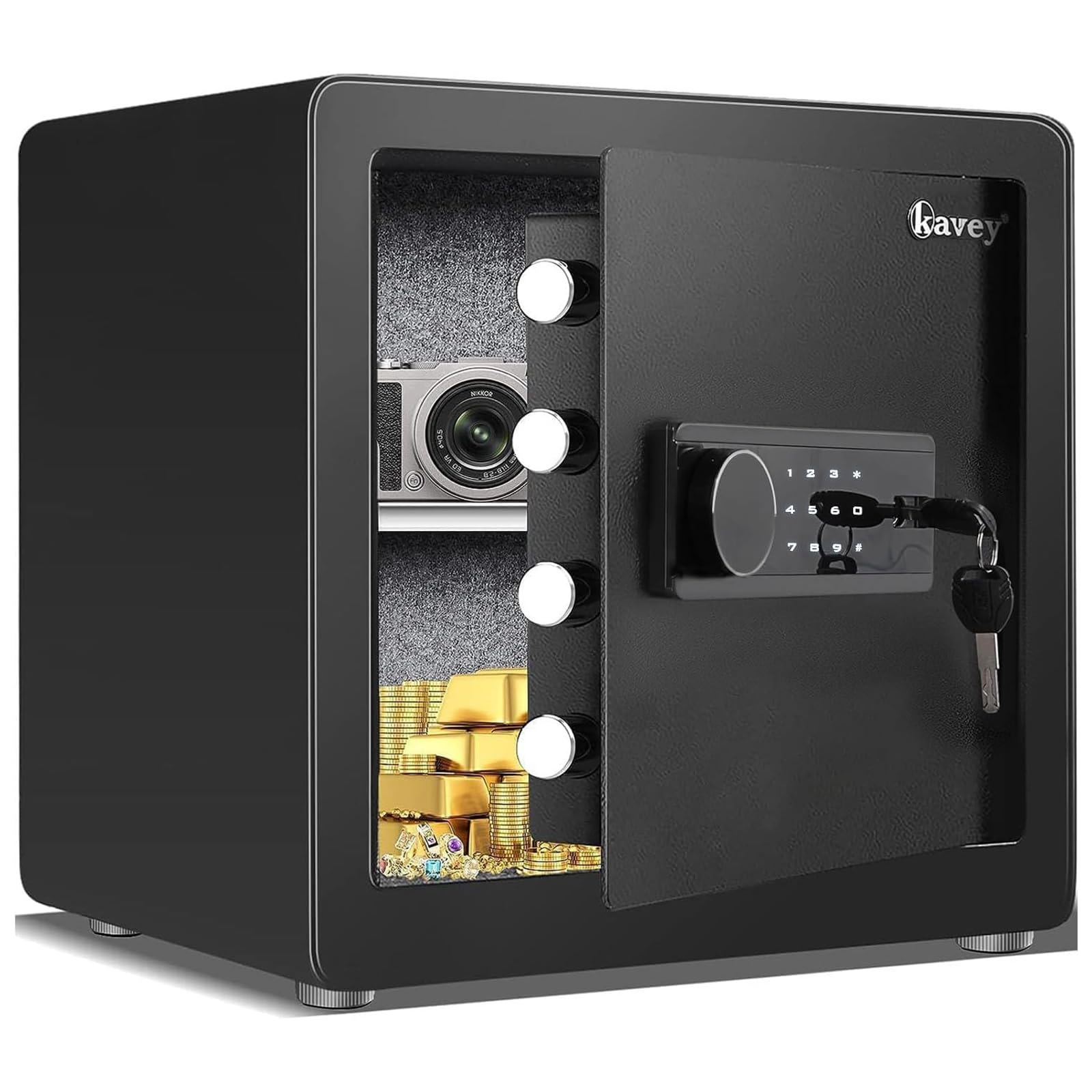 Kavey 1.6 Cub Safe Box, Home Safe with Digital Touch Screen Keypad and Sensitive Alarm System, Money Safe With Removable Shelf and LED Light, Small Safe for Money Jewelrys Documents Valuables