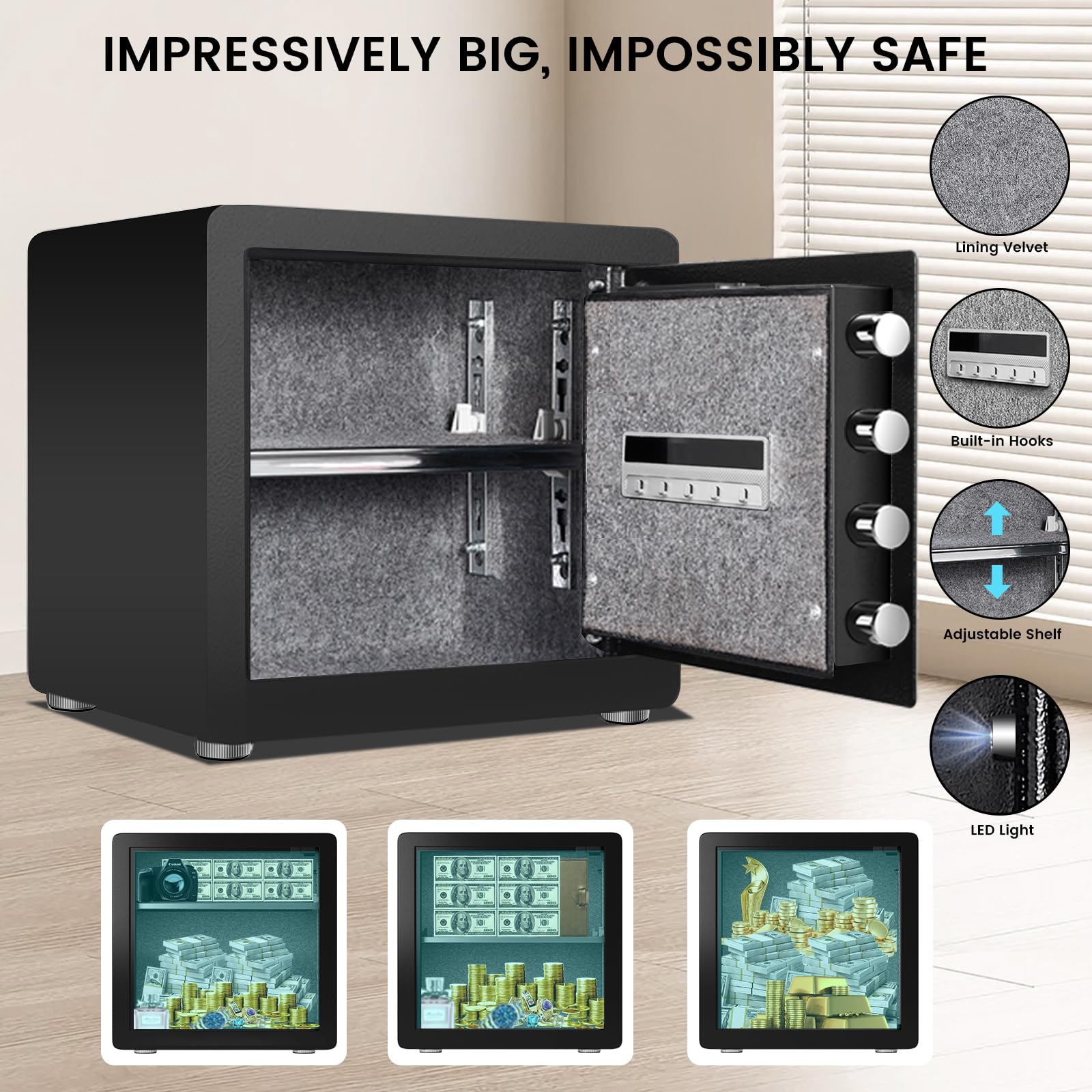 Kavey 1.6 Cub Safe Box, Home Safe with Digital Touch Screen Keypad and Sensitive Alarm System, Money Safe With Removable Shelf and LED Light, Small Safe for Money Jewelrys Documents Valuables