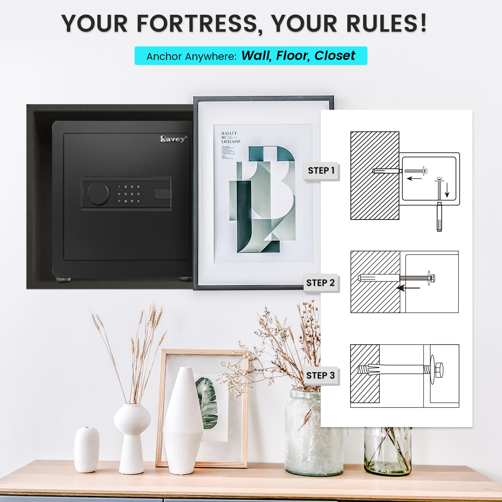 Kavey 1.6 Cub Safe Box, Home Safe with Digital Touch Screen Keypad and Sensitive Alarm System, Money Safe With Removable Shelf and LED Light, Small Safe for Money Jewelrys Documents Valuables
