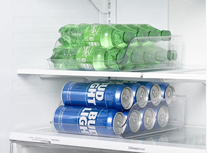2 Pack Refrigerator Organizer Bins, Pop Soda Can Dispenser and Water Bottle Organizer Set for Fridge, Freezer, Kitchen, Countertops, Cabinets - Clear Plastic Pantry Beverage Holder Storage Rack