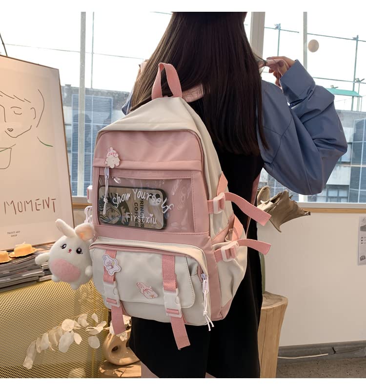 MEOKIM Kawaii backpack student schoolbag large-capacity tooling style backpack stitching cute girl campus backpack(Blue)