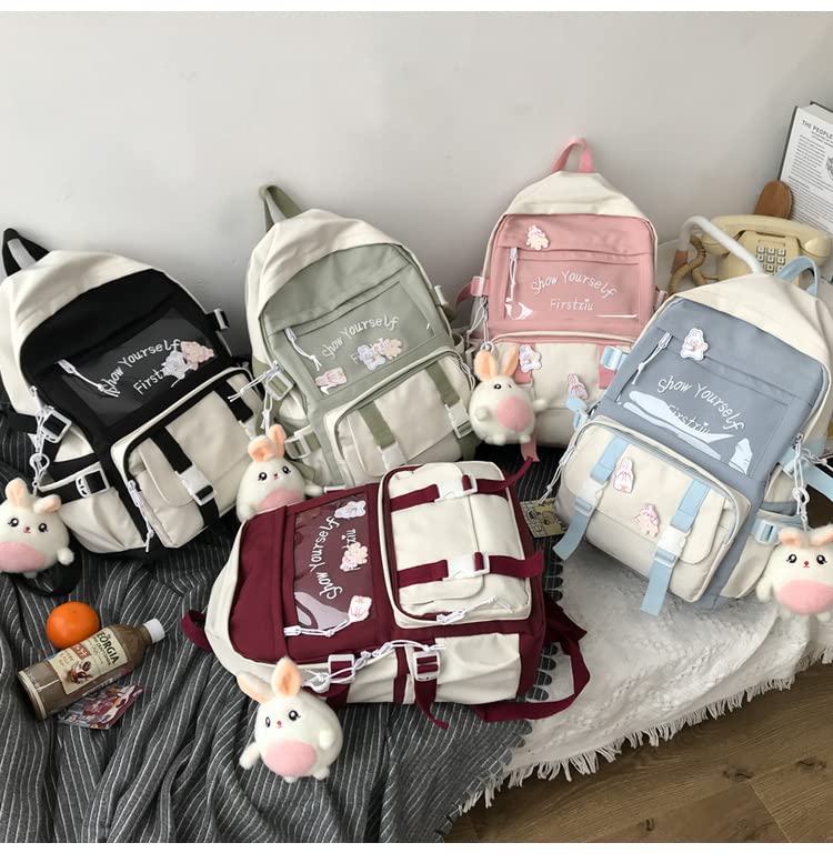MEOKIM Kawaii backpack student schoolbag large-capacity tooling style backpack stitching cute girl campus backpack(Blue)