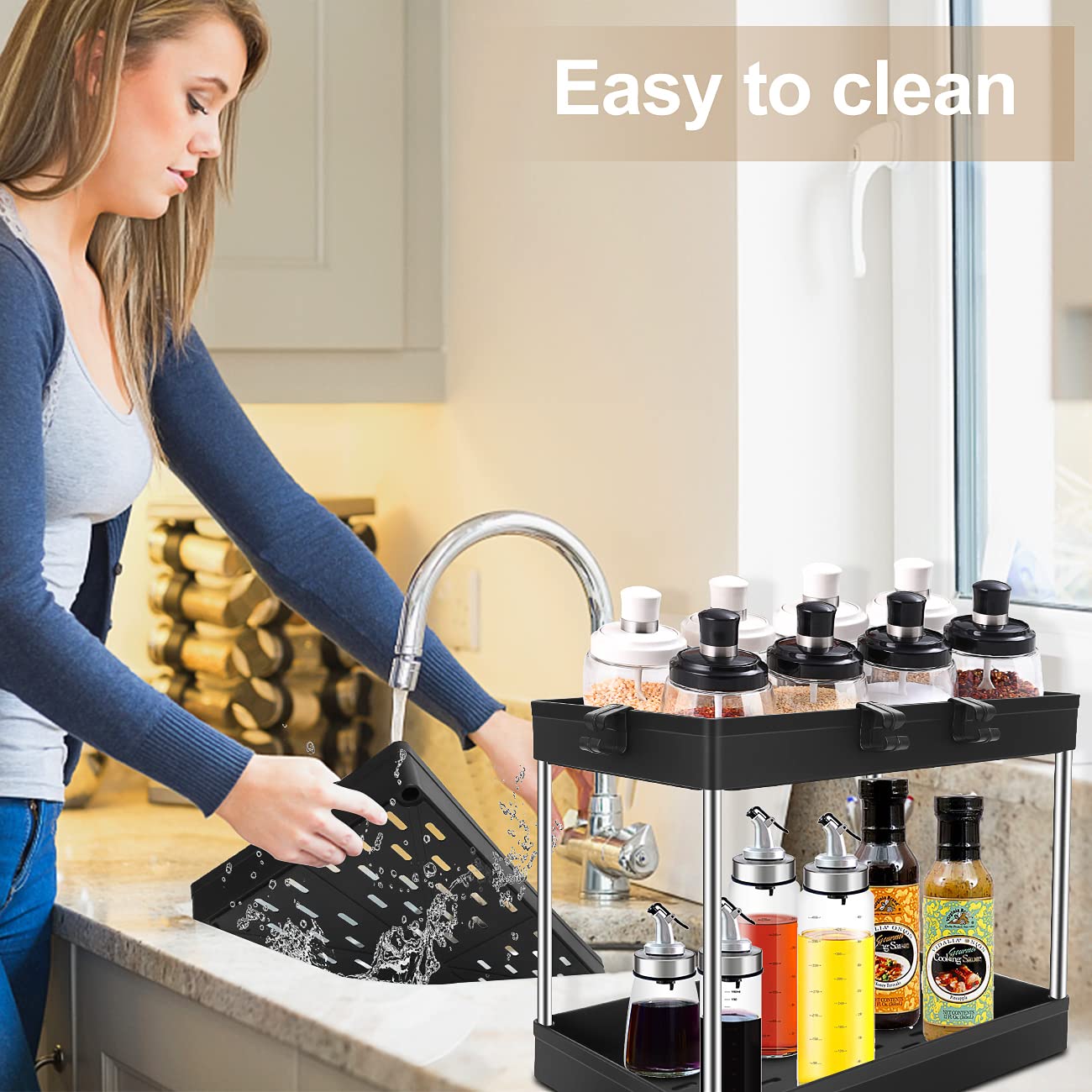 Piashow Under Sink Organizer, 2-Tier Under Sink Storage Organizer, Bath Collection Basket with 4 Hooks, Multi-purpose Bathroom Standing Rack, Storage Shelf for Kitchen (Black)