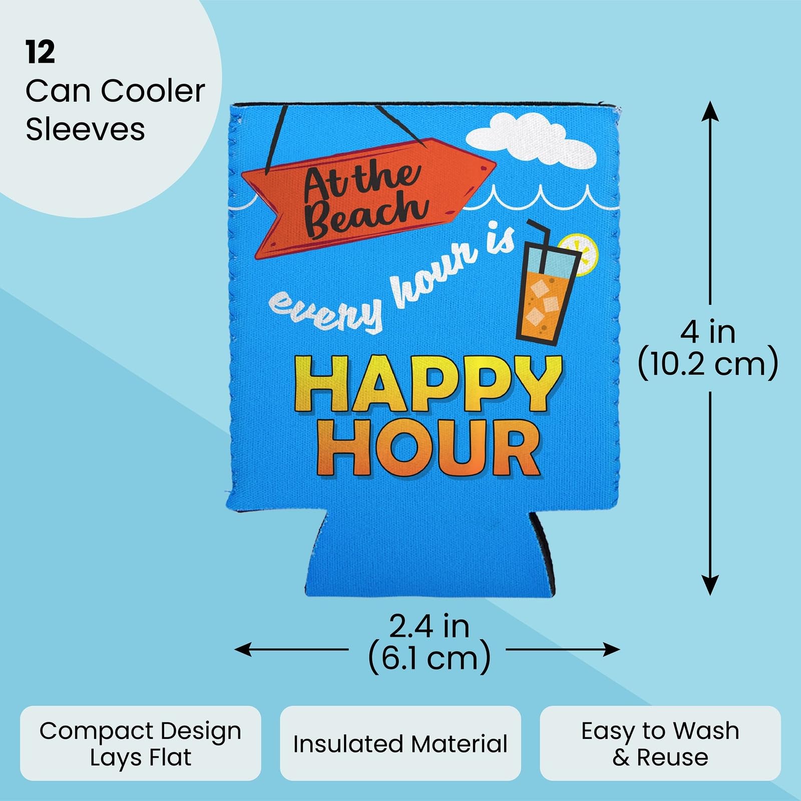 12 oz Beach Themed Neoprene Can Cooler Sleeves for Soda, Beer, Beverages (12 Pack)