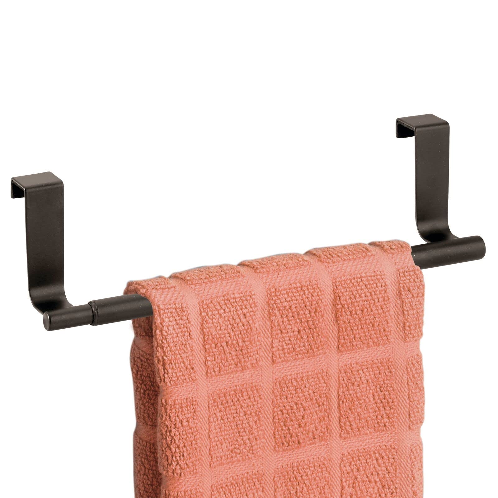 mDesign Adjustable, Expandable Over Kitchen Cabinet Towel Bar Rack - Hang on Inside or Outside of Doors, Hold Hand, Dish, Tea Towels - Customizable to 17" Wide, Omni Collection - Bronze