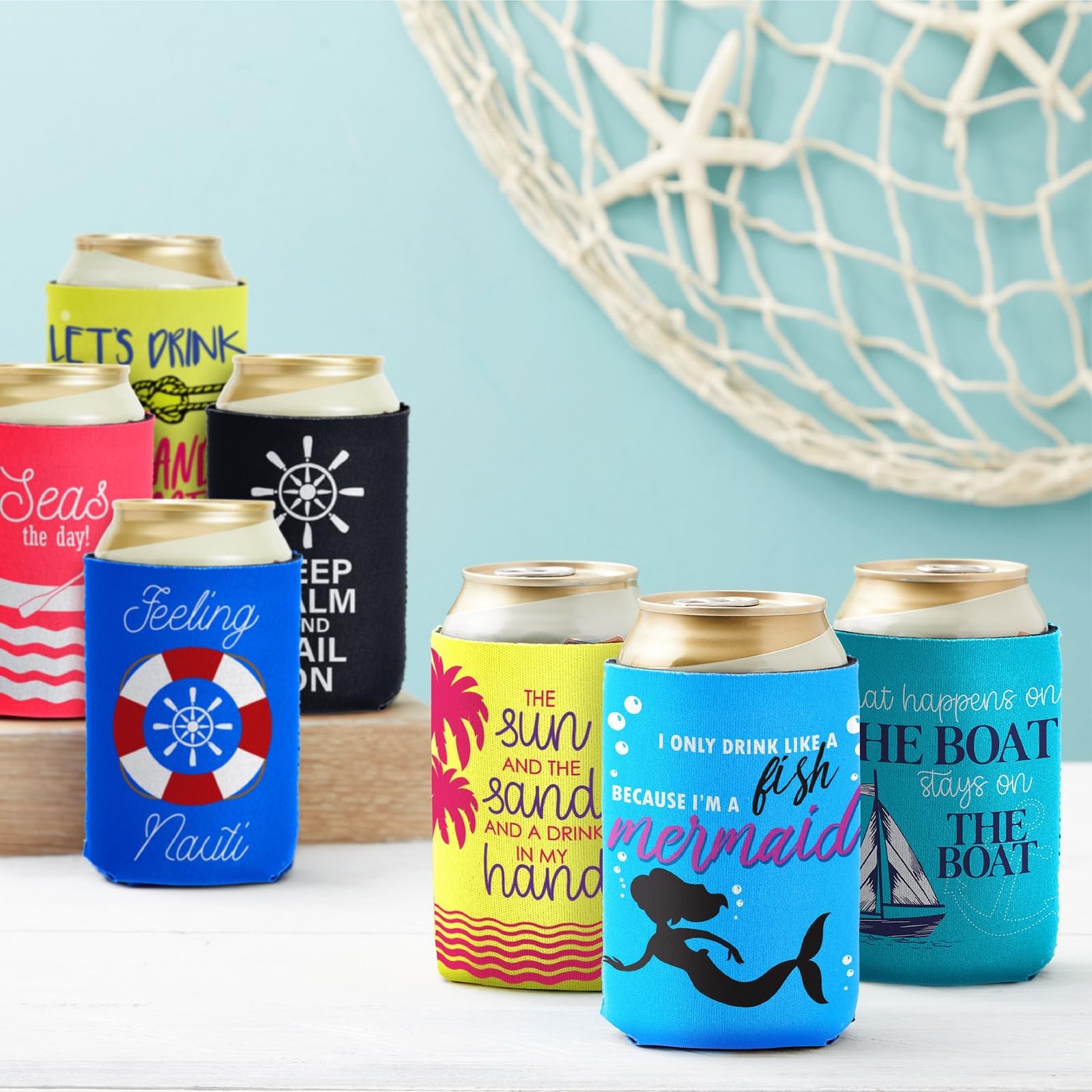 12 oz Beach Themed Neoprene Can Cooler Sleeves for Soda, Beer, Beverages (12 Pack)