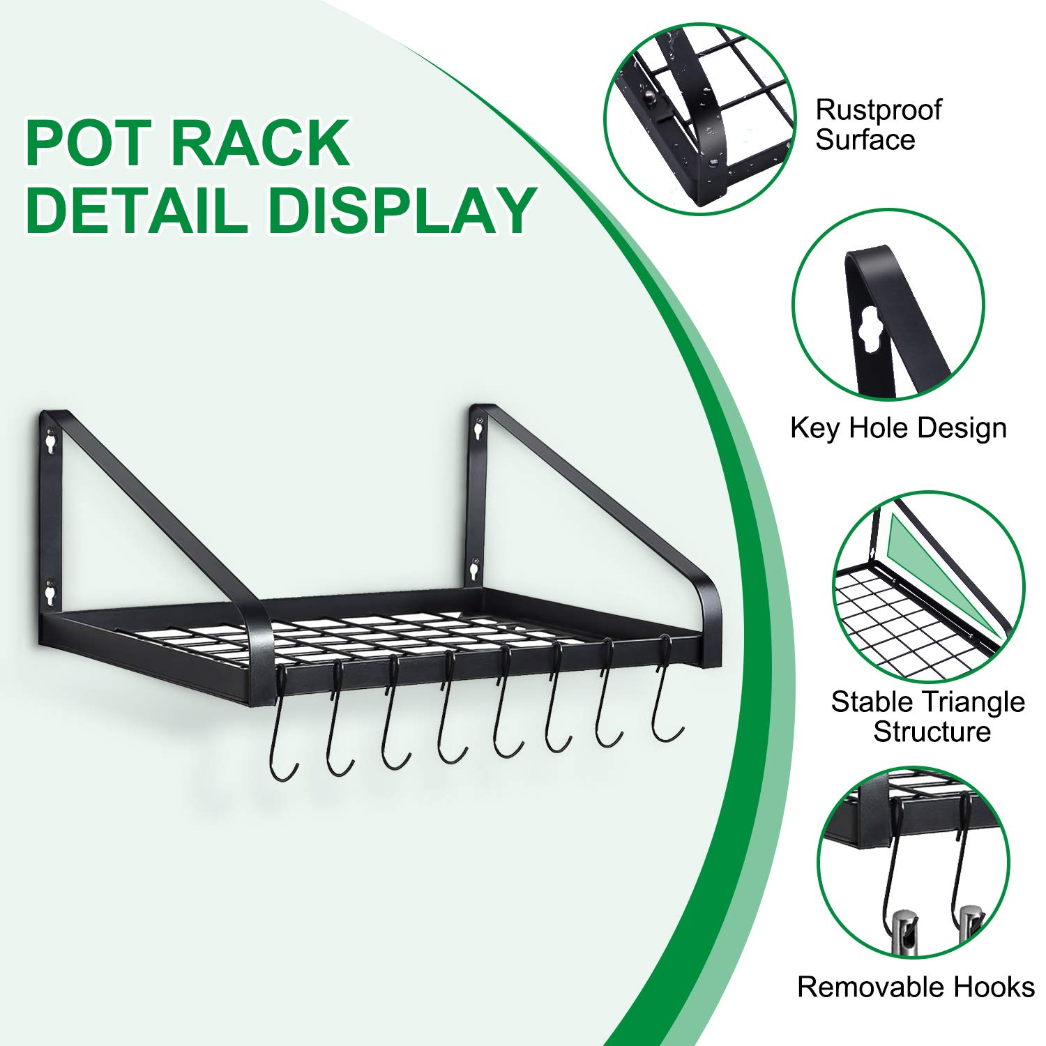 G-TING Hanging Pot Rack, Pot and Pan Organizer Wall Mounted Pots Holder Kitchen Storage Shelf with 8 Hooks, Ideal for Pans Set, Utensils, Cookware, Books, Household, Black, 2 DIY Methods