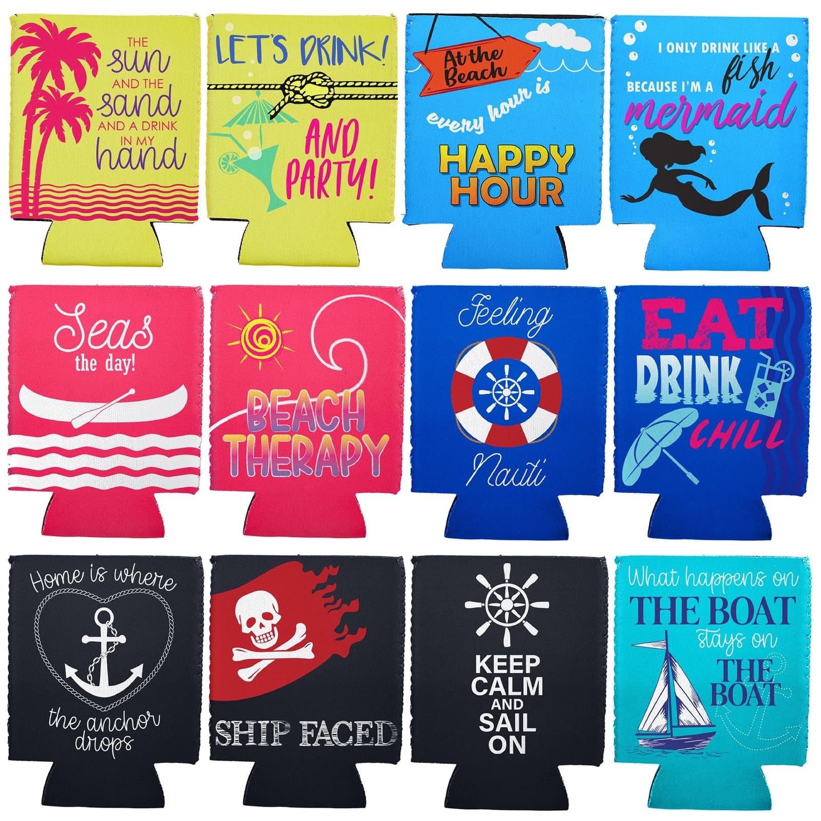 12 oz Beach Themed Neoprene Can Cooler Sleeves for Soda, Beer, Beverages (12 Pack)