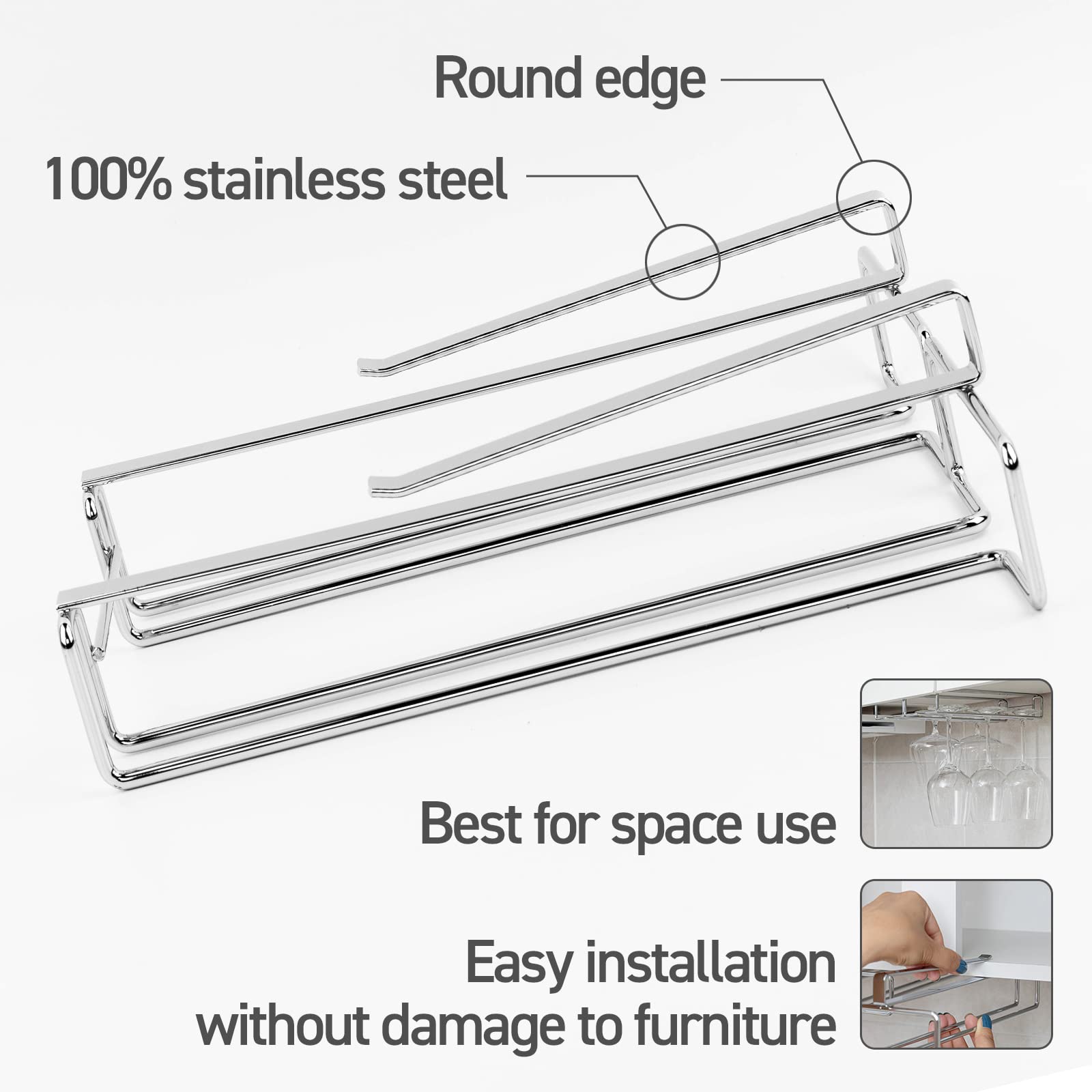 GOODSDECO Wine Glass Rack without Screw, Wine Glass Holder, Stemware Holder Under Cabinet, Stainless Steel Hanger, Glasses Storage Hanger for Kinchen Bar (2P)