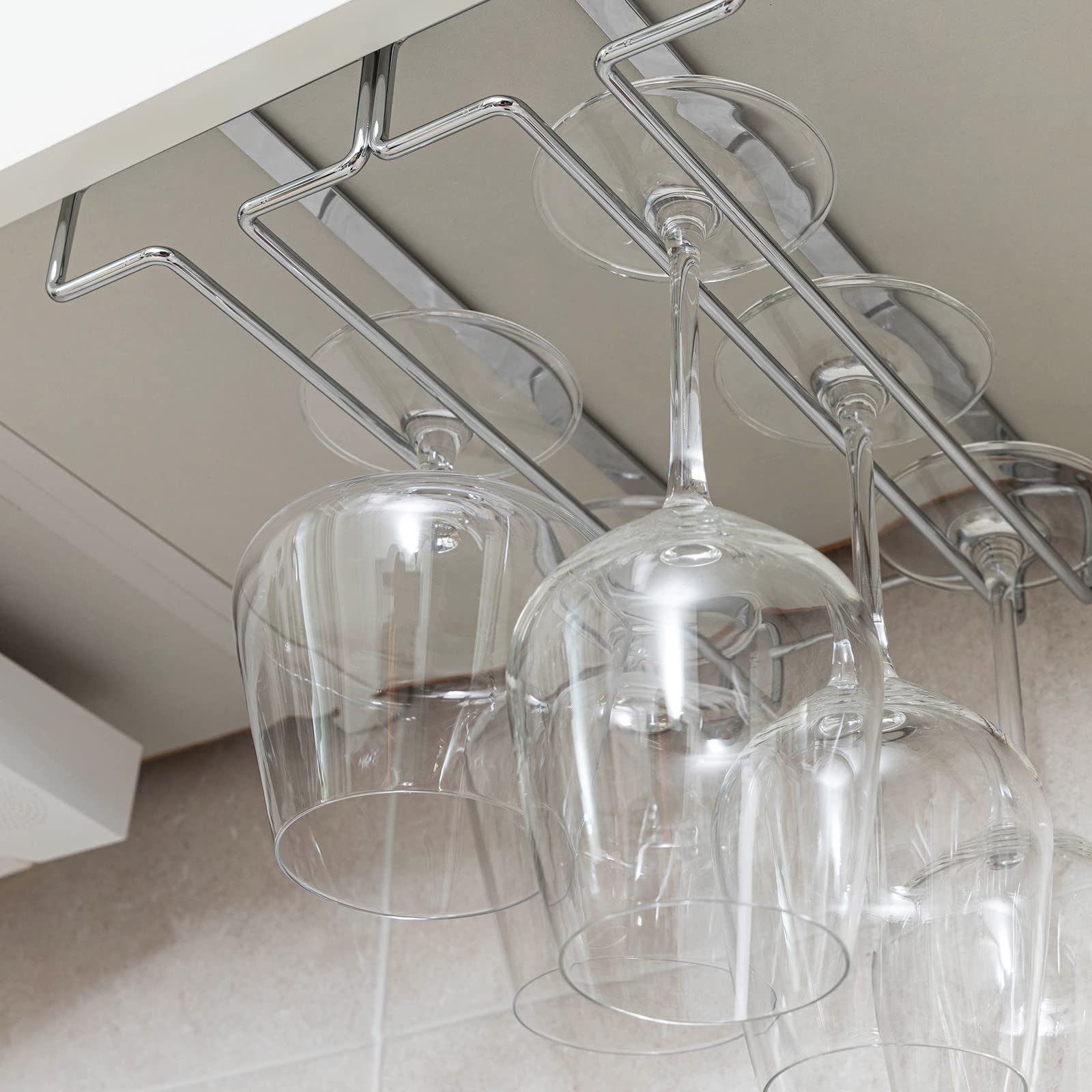 GOODSDECO Wine Glass Rack without Screw, Wine Glass Holder, Stemware Holder Under Cabinet, Stainless Steel Hanger, Glasses Storage Hanger for Kinchen Bar (2P)
