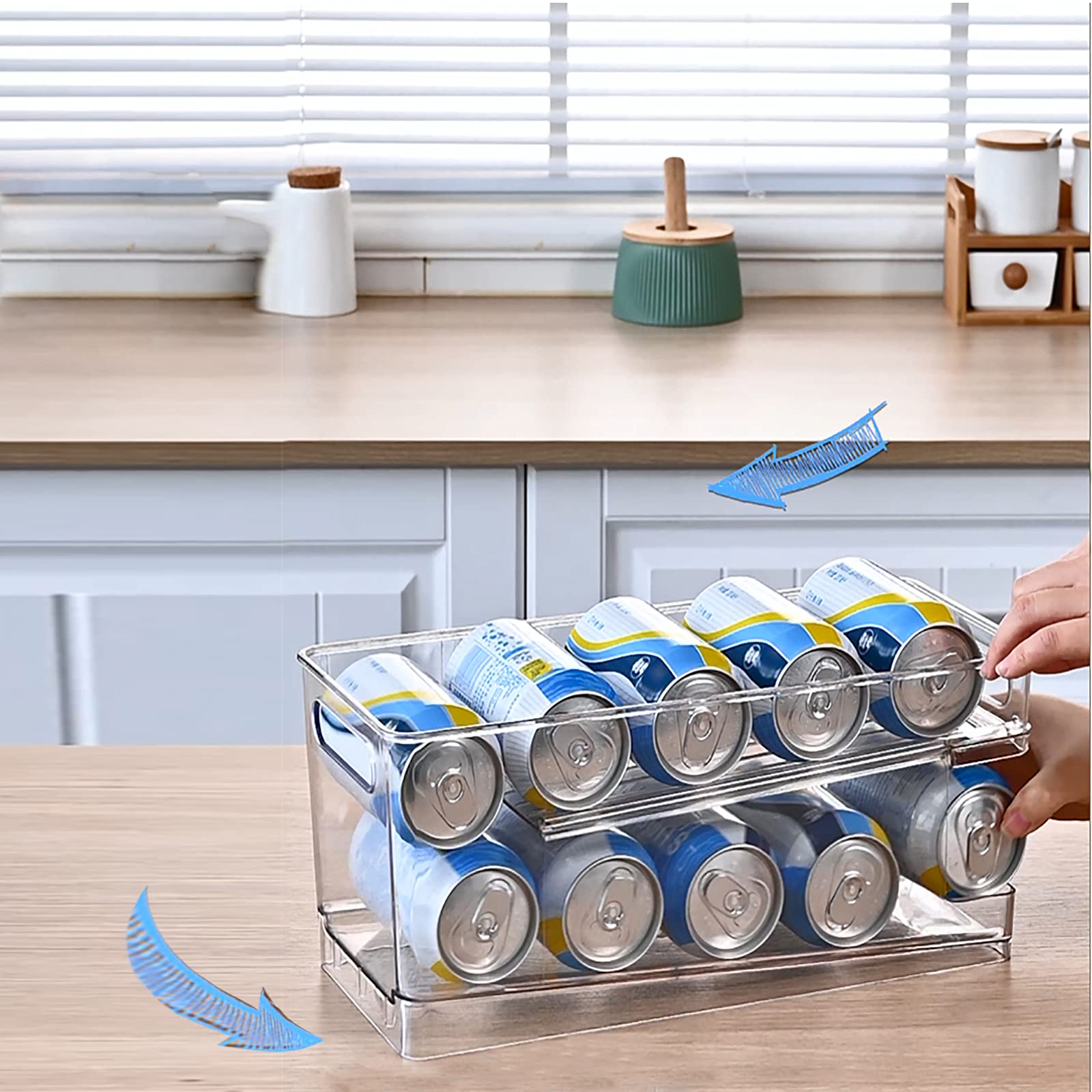 Double layer Soda Can Organizer for Refrigerator,Transparent Dispenser Beverage Holder for Fridge Freezer Kitchen Countertop Cabinets,2-Tiers Automatic Rolling Plastic Canned Food Pantry Storage Rack