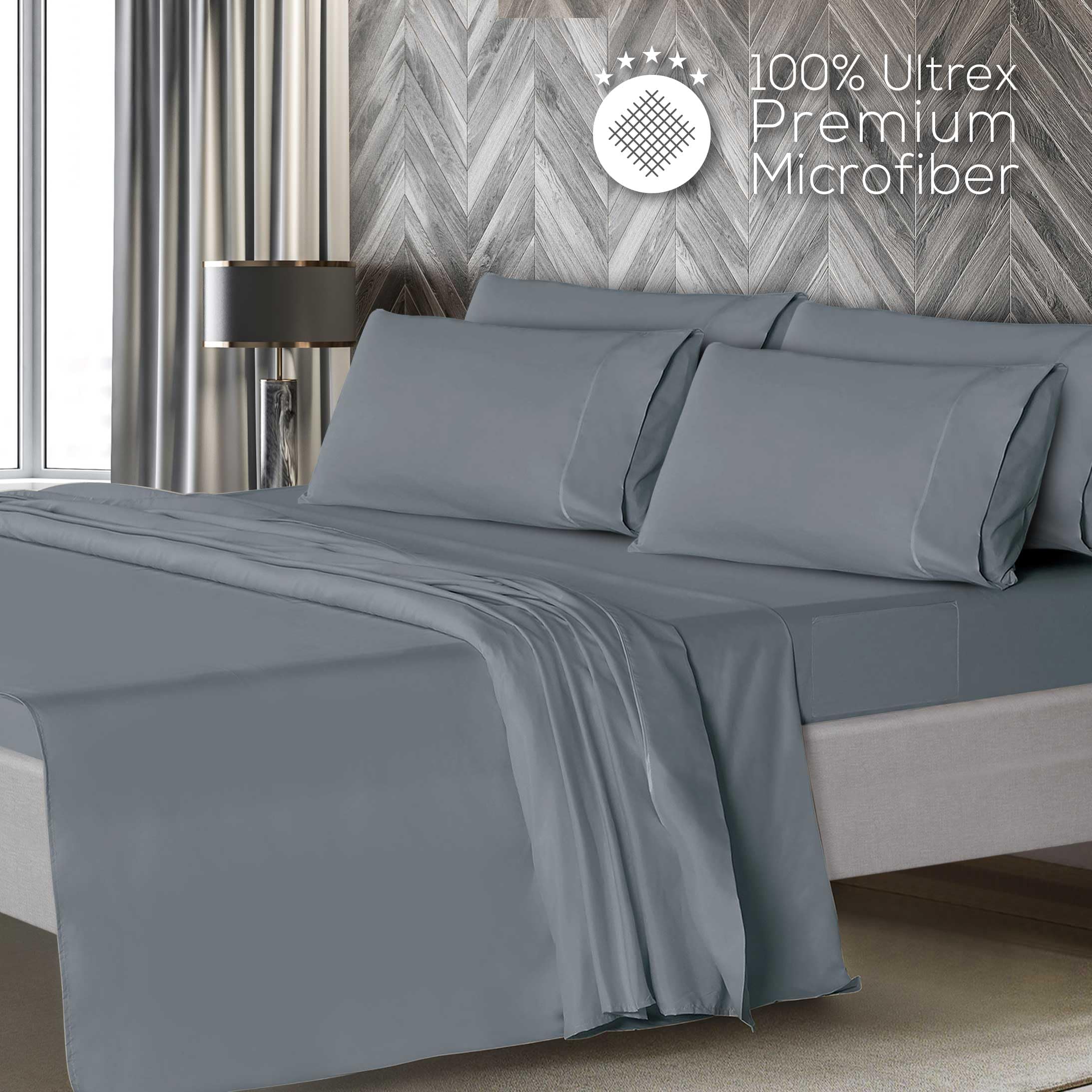 Mueller Ultratemp Bed Sheets Set, Super Soft 1800 Thread Count Egyptian 18-24 Inch Deep Pocket Sheets, Transfers Heat, Breathes Better, Hypoallergenic, Wrinkle, 6Pc, Light Gray Queen