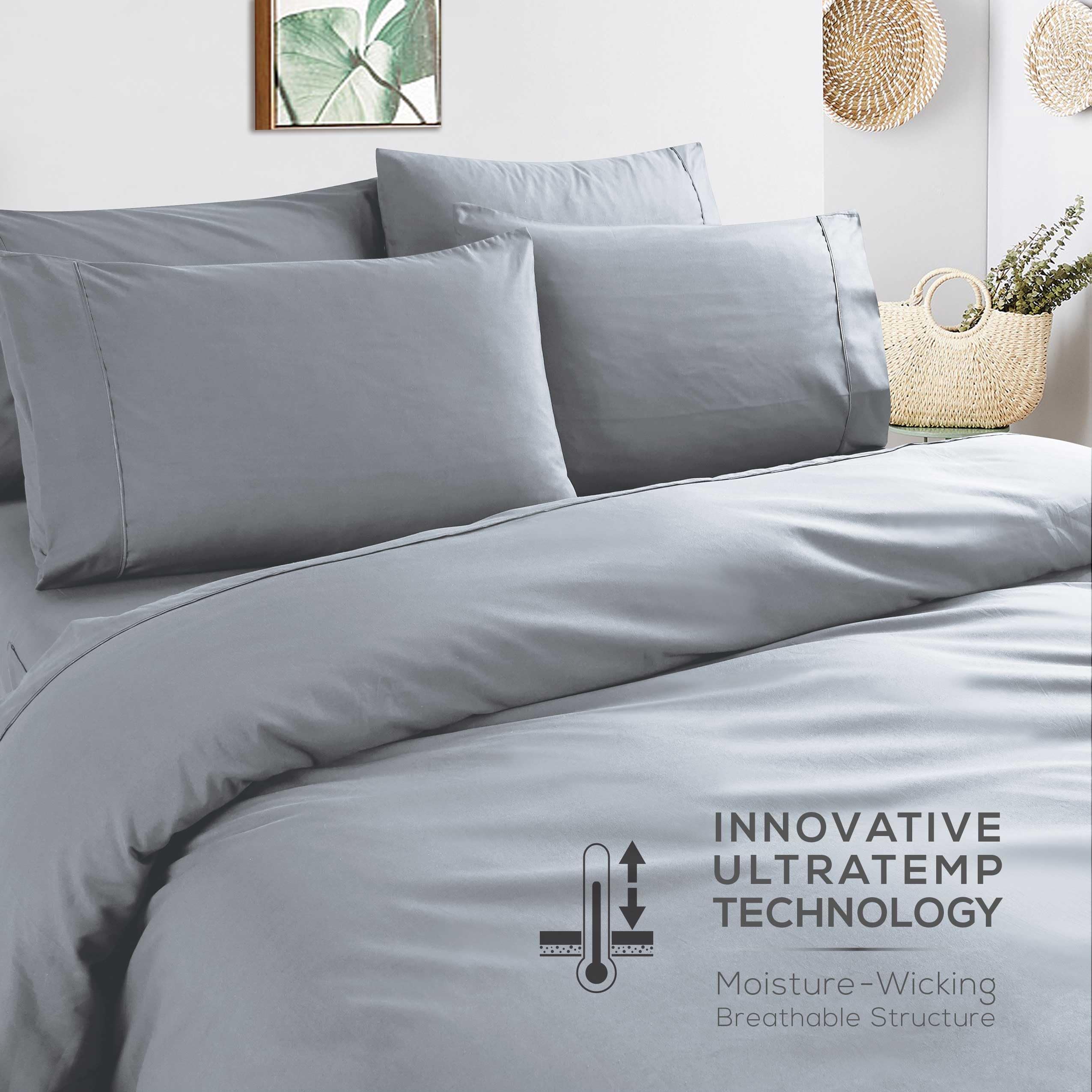 Mueller Ultratemp Bed Sheets Set, Super Soft 1800 Thread Count Egyptian 18-24 Inch Deep Pocket Sheets, Transfers Heat, Breathes Better, Hypoallergenic, Wrinkle, 6Pc, Light Gray Queen