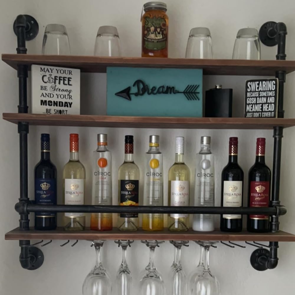 Industrial Pipe Shelf Wine Rack Wall Mounted with 9 Stem Glass Holder,36in Real Wood Shelves Kitchen Wall Shelf Unit,3-Tiers Rustic Floating Bar Shelves Wine Shelf,Steam Punk Pipe Shelving Glass Rack