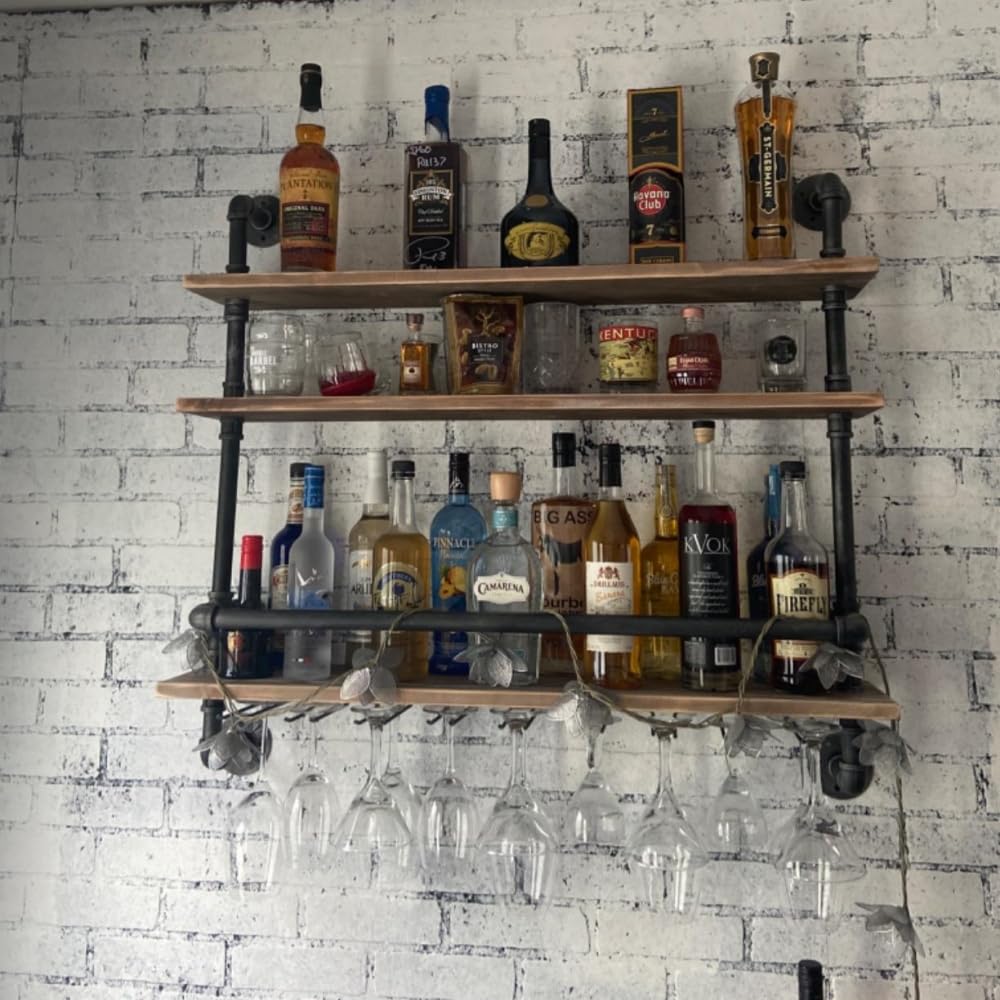 Industrial Pipe Shelf Wine Rack Wall Mounted with 9 Stem Glass Holder,36in Real Wood Shelves Kitchen Wall Shelf Unit,3-Tiers Rustic Floating Bar Shelves Wine Shelf,Steam Punk Pipe Shelving Glass Rack