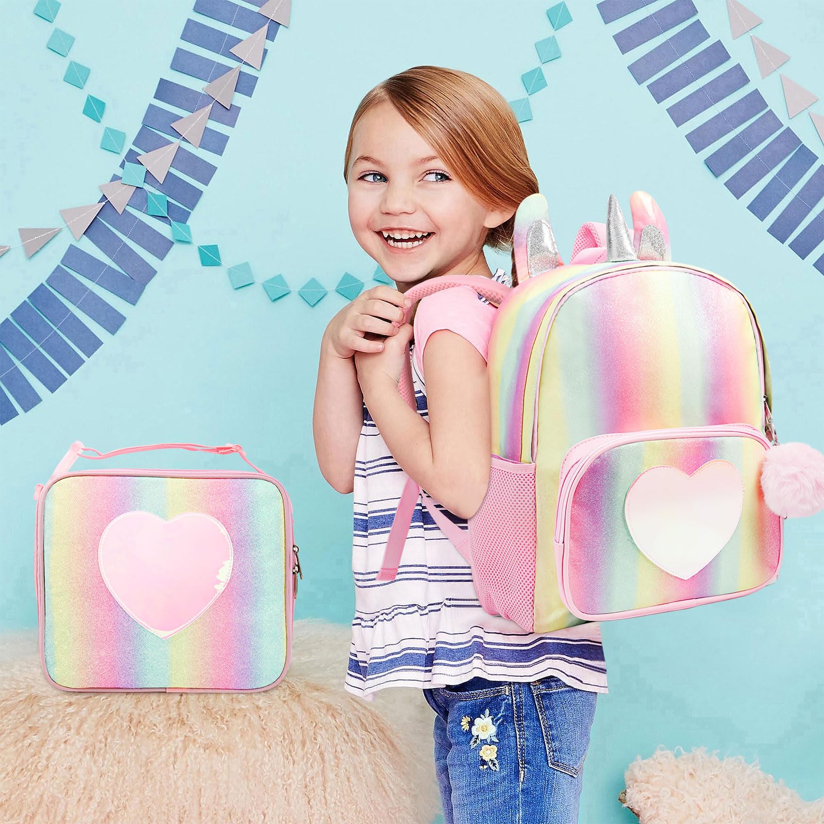 Girls Backpack, Kids Backpack for Girls with Lunch Box Girls Rainbow Unicorn Backpack Sequin Glitter School Backpack Preschool Kindergarten Elementary School Bag for 4- 8 Years Old Girl