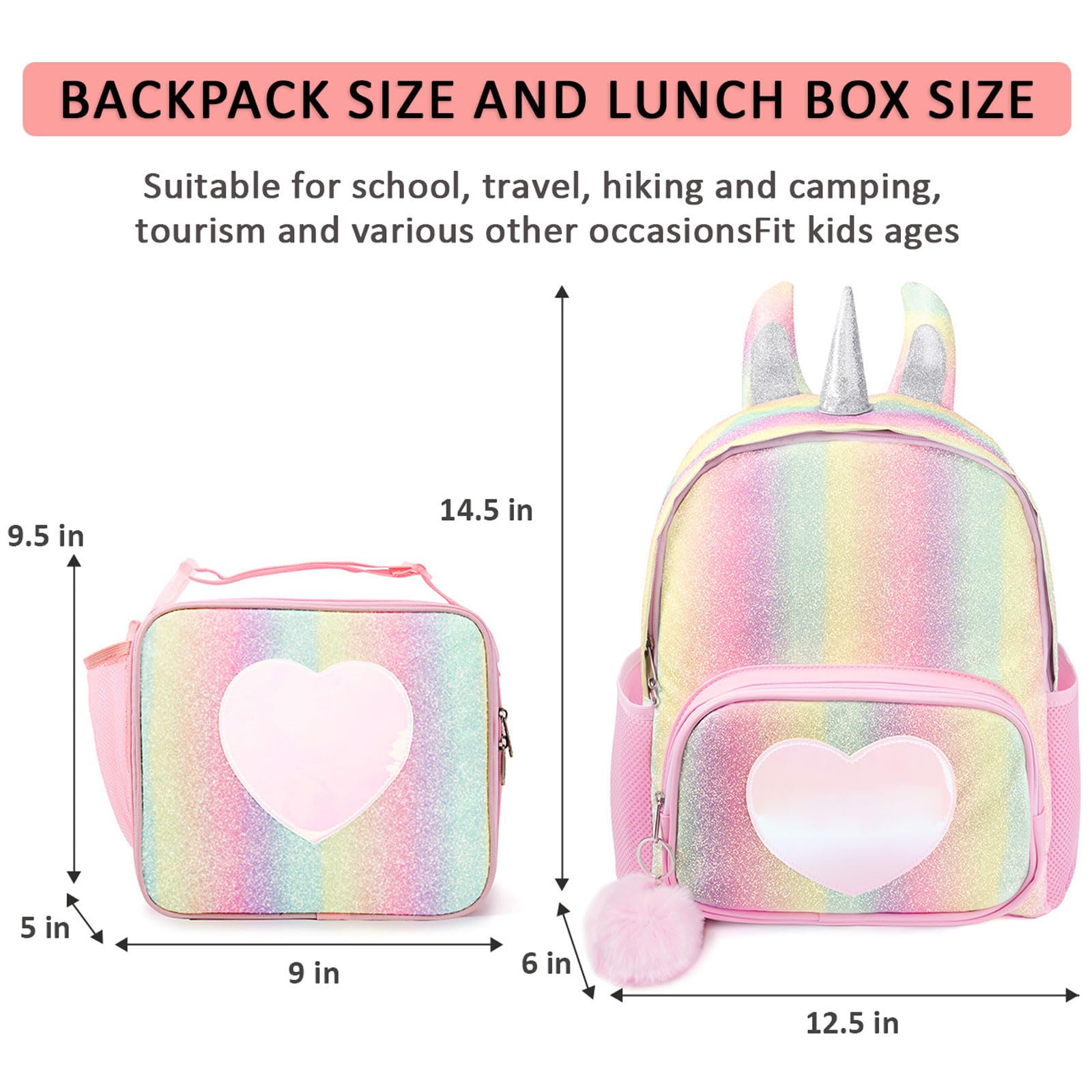 Girls Backpack, Kids Backpack for Girls with Lunch Box Girls Rainbow Unicorn Backpack Sequin Glitter School Backpack Preschool Kindergarten Elementary School Bag for 4- 8 Years Old Girl
