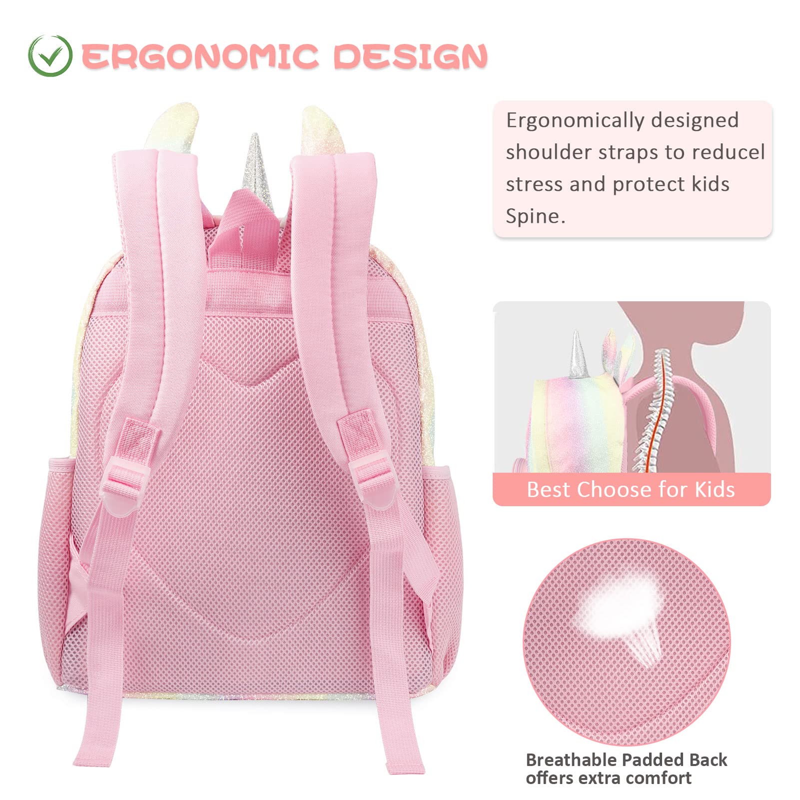 Girls Backpack, Kids Backpack for Girls with Lunch Box Girls Rainbow Unicorn Backpack Sequin Glitter School Backpack Preschool Kindergarten Elementary School Bag for 4- 8 Years Old Girl