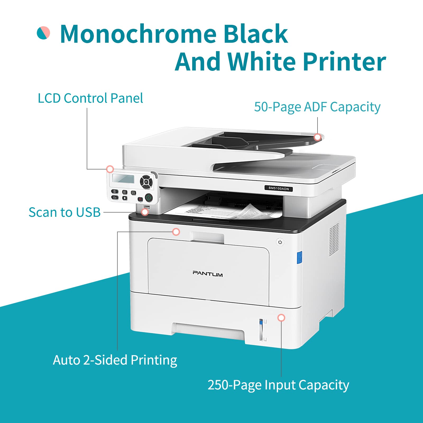 Pantum Laser Printer All in one Monochrome Multifunction Black and White Printer 40ppm,Auto Duplex,Copy&Scan,Network and USB Only, BM5100ADN