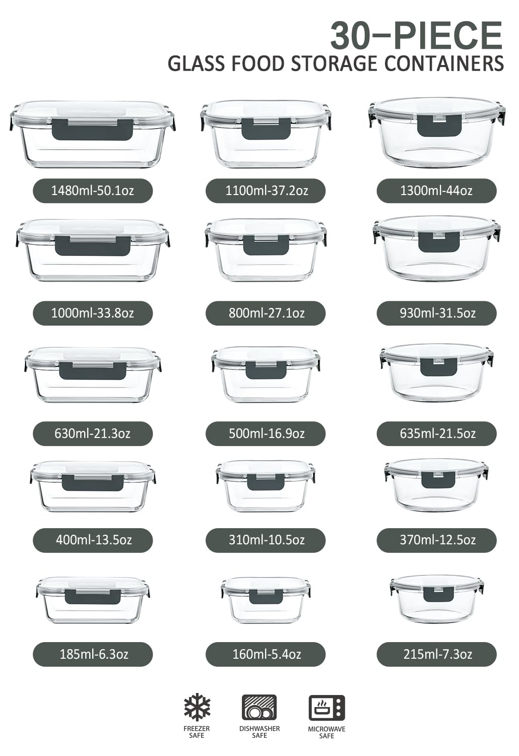 M MCIRCO 30 Pieces Glass Food Storage Containers with Upgraded Snap Locking Lids,Glass Meal Prep Containers Set - Airtight Lunch Containers, Microwave, Oven, Freezer and Dishwasher Friendly