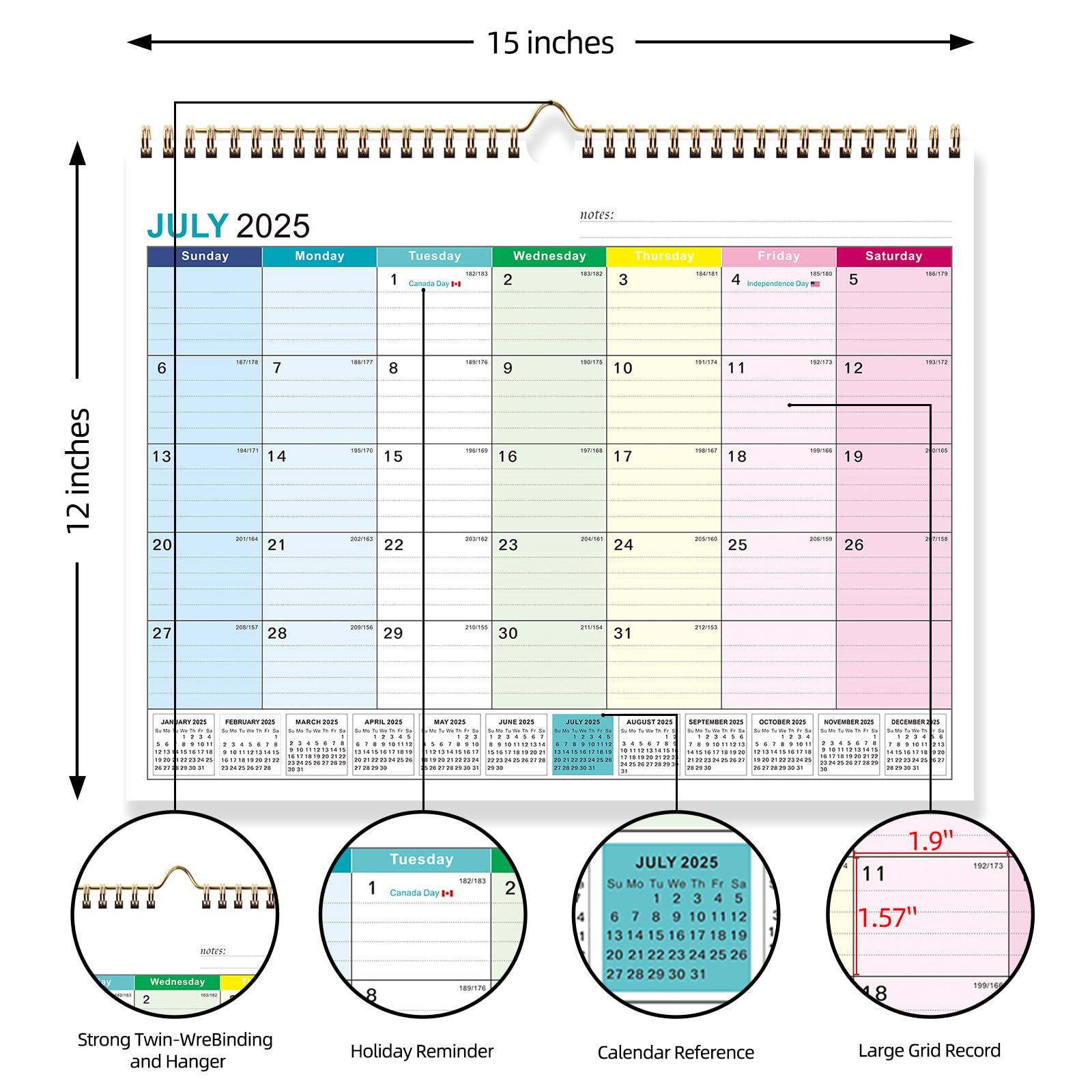 Kyweel Wall Calendar 2023-2024, January 2023-June 2024, 15" x 12", Highlight Holidays, Planning Calendar, Thick Paper