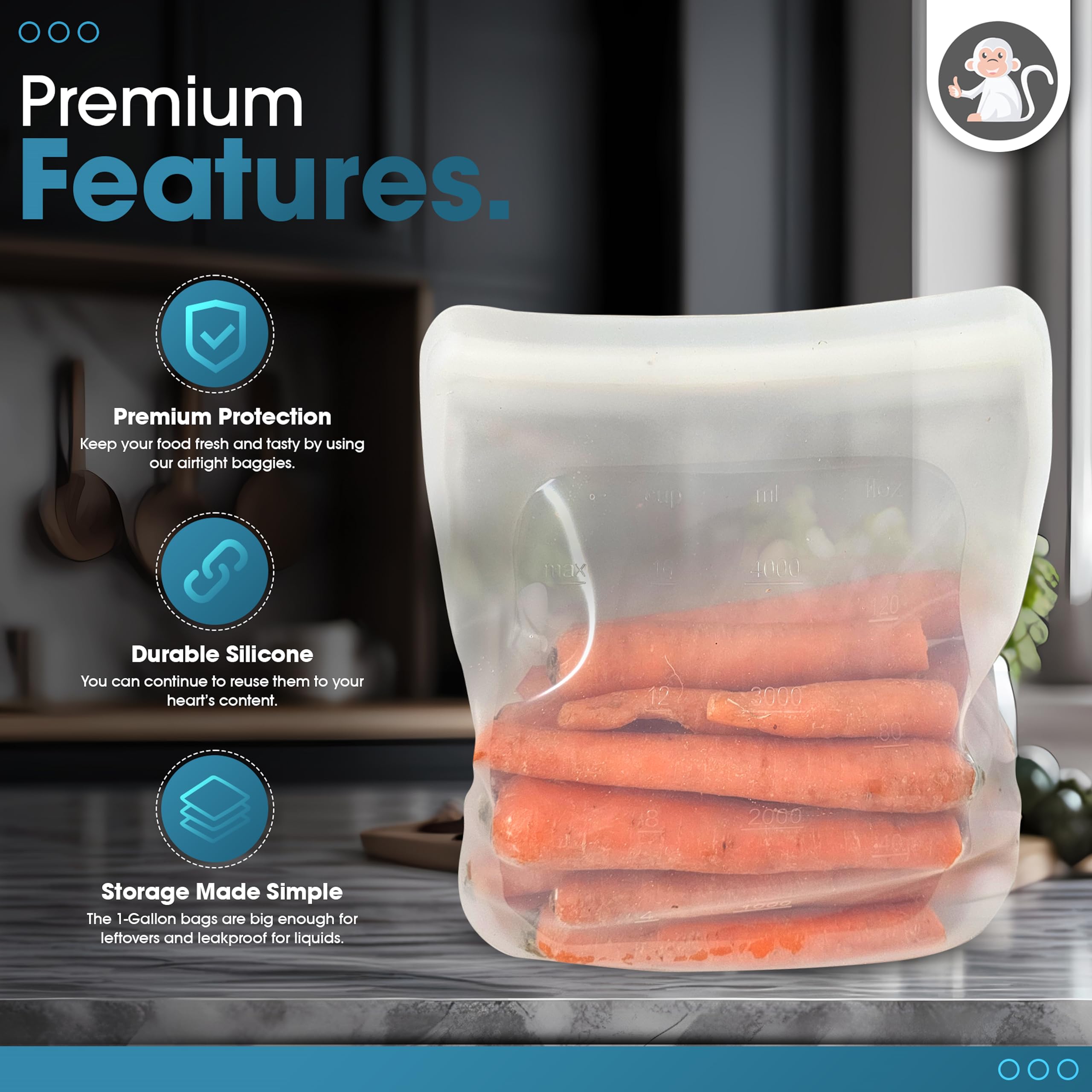Silicone Food Storage Bag 102oz. XXL [Set of 2] Reusable Freezer Bags - Zero Waste Food and Container Lids Reusable Silicone Containers with Lid, Sous Vide, Extra Large Bags