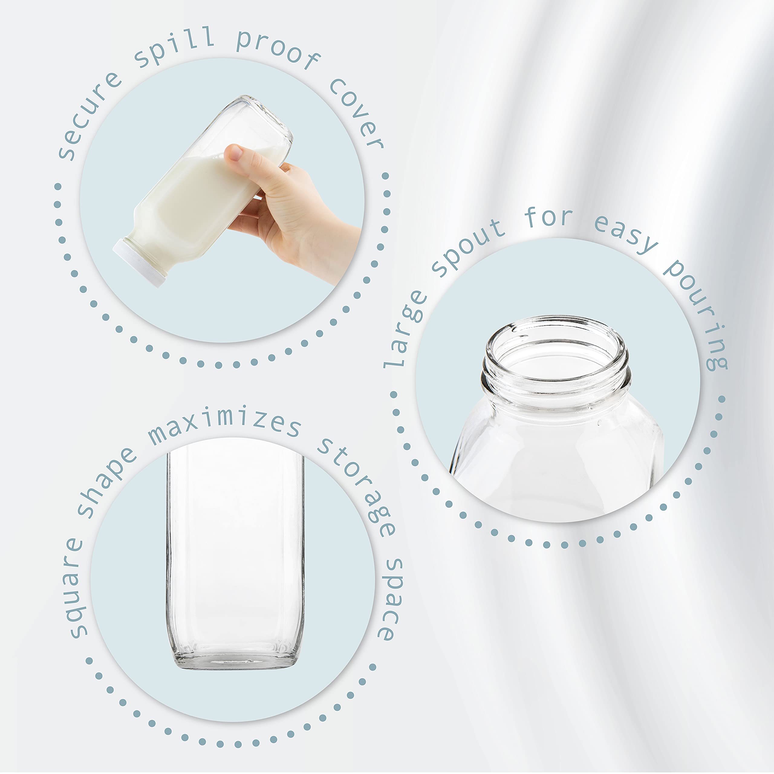 kitchentoolz 16oz Square Glass Milk Bottle with Plastic Airtight Lids - Vintage Reusable Dairy Drinking Jars Containers for Milk, Yogurt, Smoothies, Kefir, Kombucha, and Water- Pack of 2