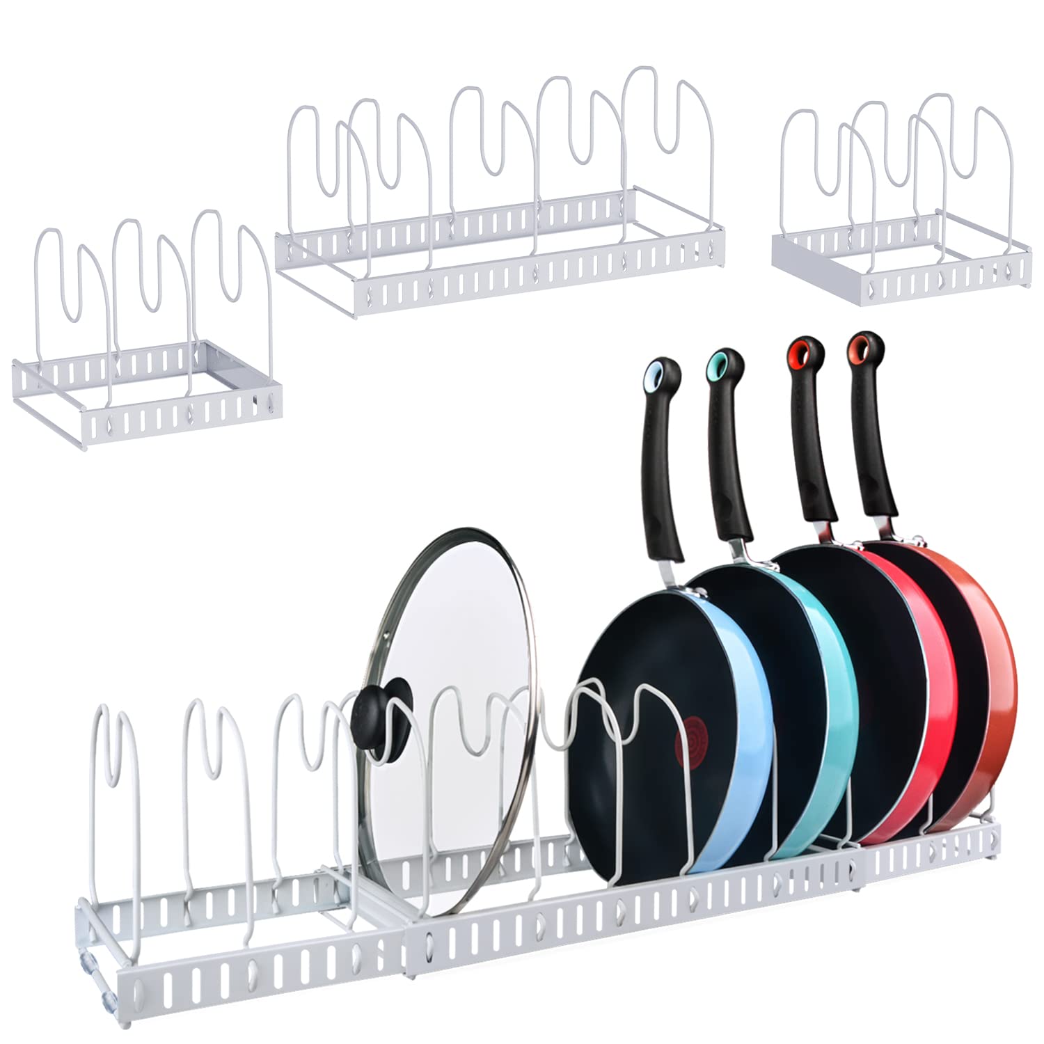 X-cosrack 11 Dividers Pot Pan Lid Rack Bakeware Cupboard Organizer, Expandable, Patent Pending. White
