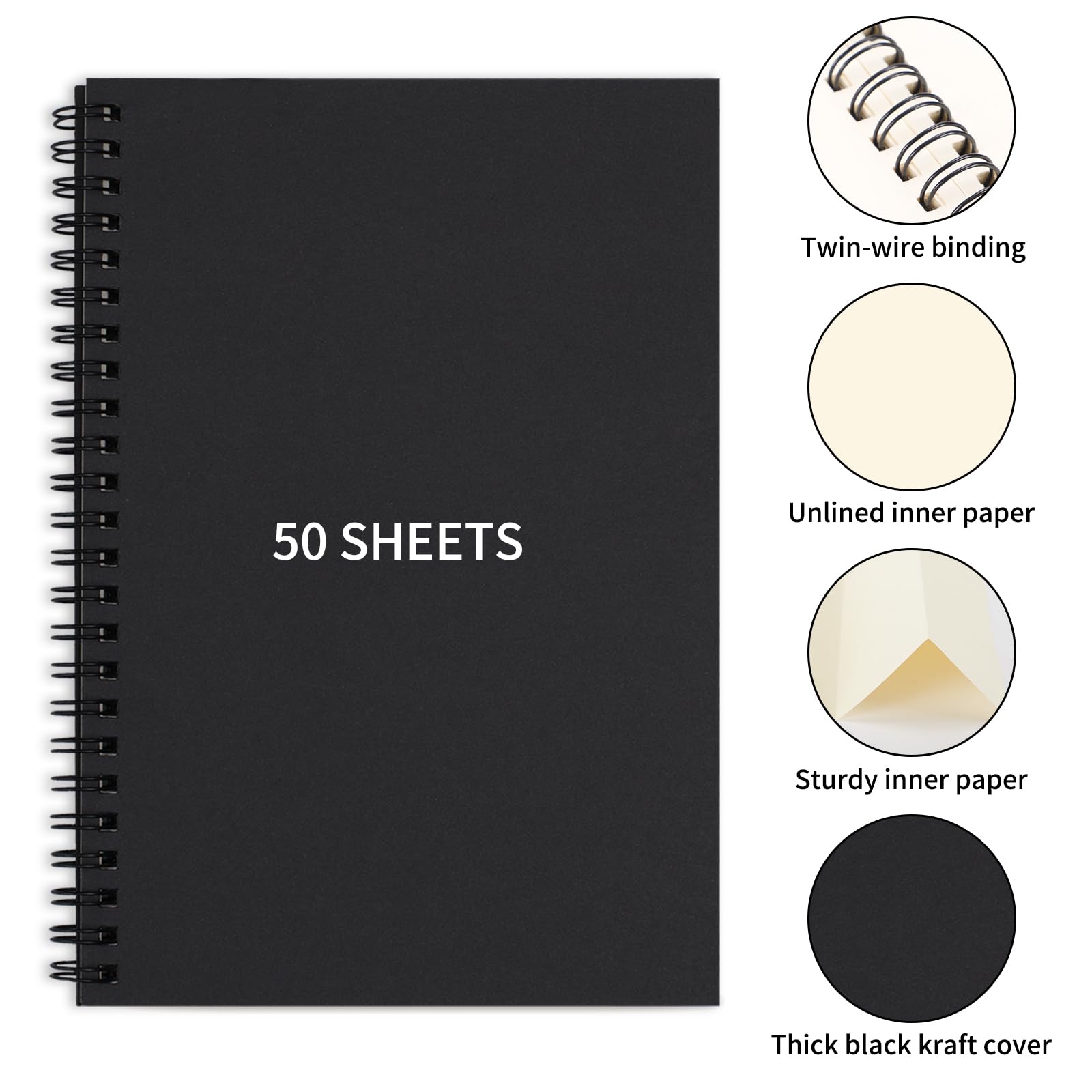 LABUK 2 Pack A5 Spiral Notebook 100 Pages Blank Sketchbook Pad Unlined Notebooks Soft Cover Kraft Journal 8.3"x 5.5" Memo Notepads Diary Planner, 50 Sheets for School Office Travel (Black)
