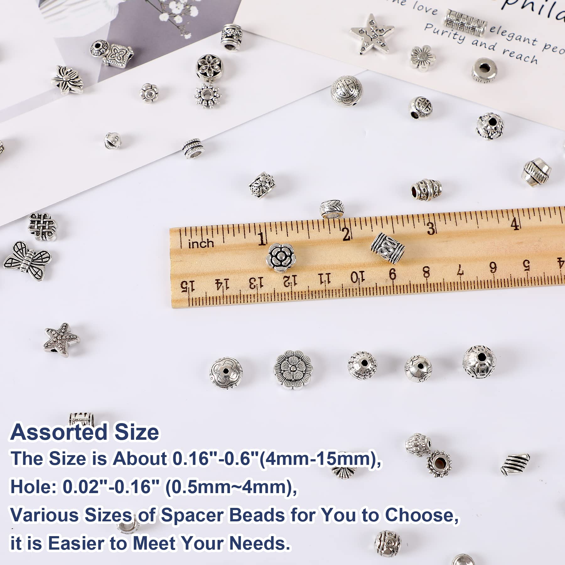 UPINS 300Pcs Silver Spacer Beads for Jewelry Making Bracelet Necklace Crafts Silver Beads Metal Alloy Beads Loose Spacer Beads with Radom Styles for DIY