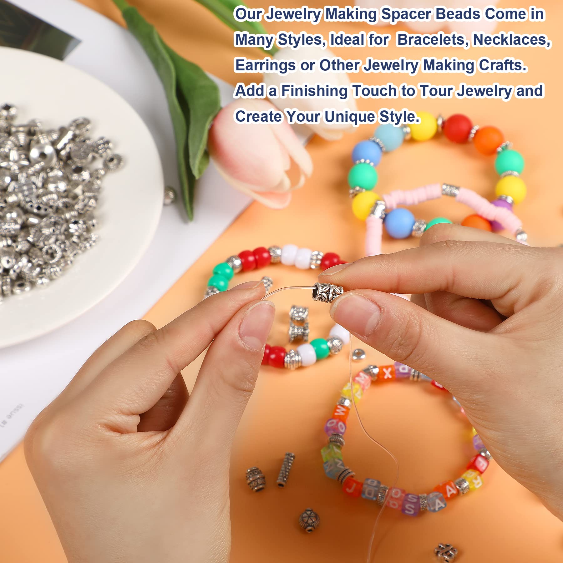 UPINS 300Pcs Silver Spacer Beads for Jewelry Making Bracelet Necklace Crafts Silver Beads Metal Alloy Beads Loose Spacer Beads with Radom Styles for DIY