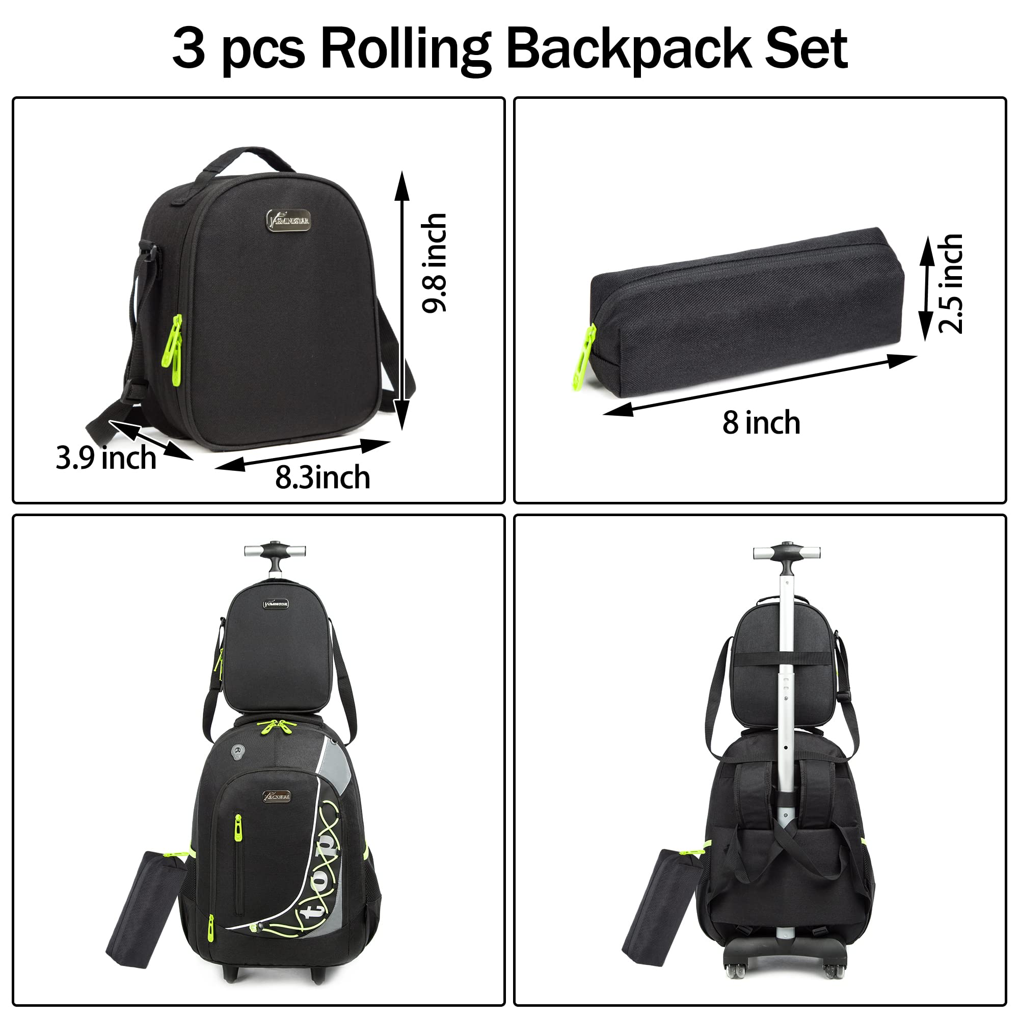 MOHCO Rolling Backpack 18inch with Lunch Bag and Pencil Case Wheeled School Bookbag for Boys and Girls