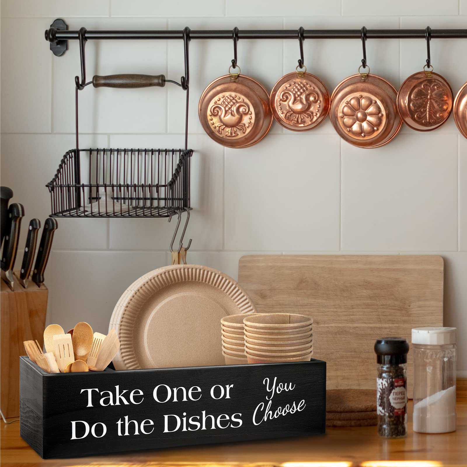 Kitchen Countertop Paper Plate Holder - Wooden Paper Plate Organizer Box Disposable Dish Holder for Wedding,Party,BBQ, Rustic Farmhouse Utensil Caddy for Cups,Forks,Spoons,Plates,Napkins,Condiments