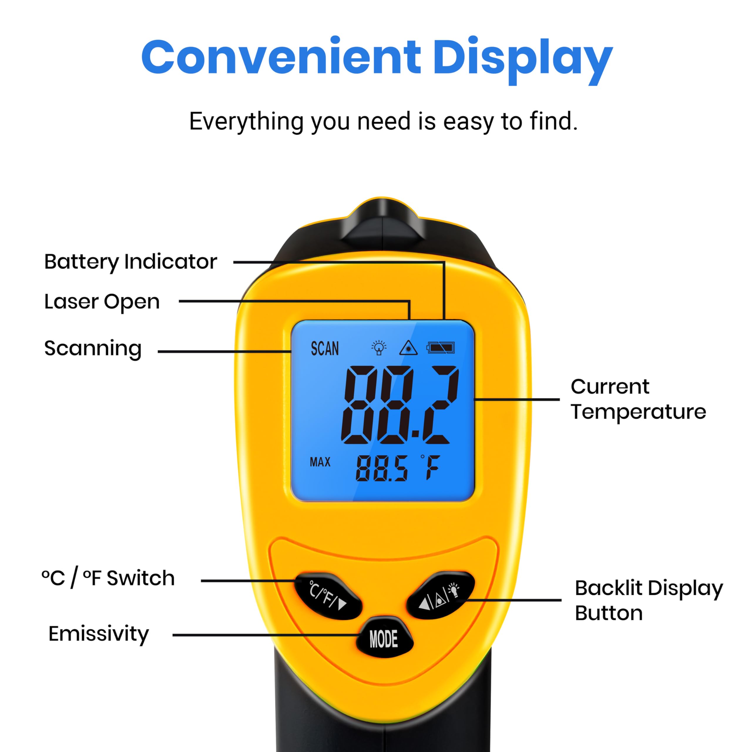Etekcity Infrared Thermometer 1080, Heat Temperature Temp Gun for Cooking, Laser IR Surface Tool for Pizza Oven, Meat, Griddle, Grill, HVAC, Engine, Accessories, -58°F to 1130°F, Yellow