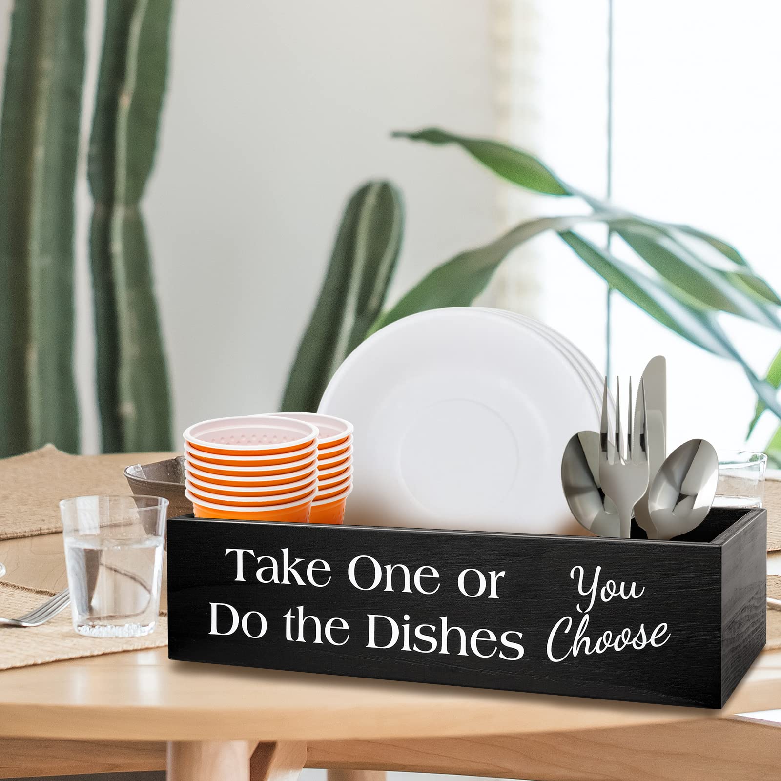 Kitchen Countertop Paper Plate Holder - Wooden Paper Plate Organizer Box Disposable Dish Holder for Wedding,Party,BBQ, Rustic Farmhouse Utensil Caddy for Cups,Forks,Spoons,Plates,Napkins,Condiments