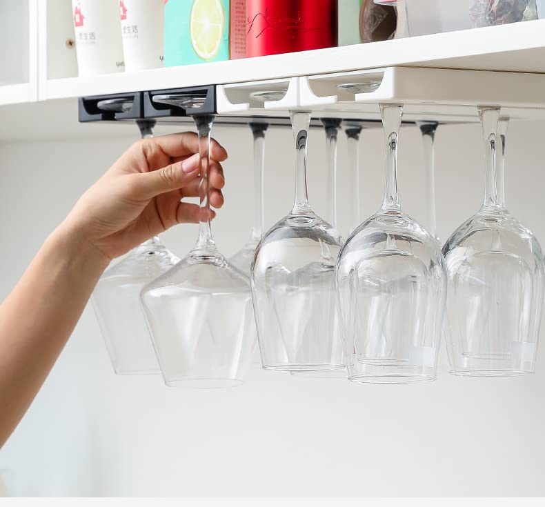 JAMEND CLXP - 2 PCS Plastic Wine Glass Rack, Under Cabinet Punch-free Wine Glass Holder, Glasses Storage Hanger Bar Kitchen Wine Glasses Organizer. (Black)