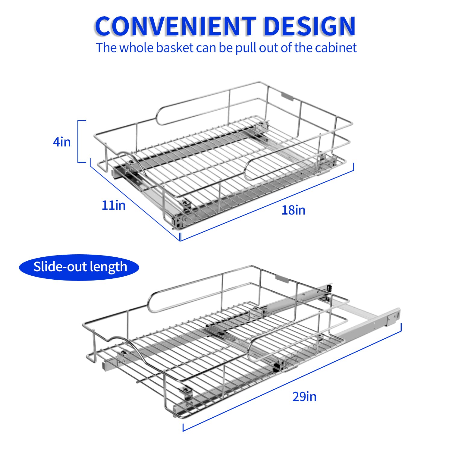 GF-LaLan (11"x18") Pull Out Cabinet Organizer, Heavy Duty Slide Out Kitchen Cabinet Storage Shelves, Roll Extendable Sliding Drawer - 11"W x 18"D- Requires At Least 12" Cabinet Opening, Chrome Finish