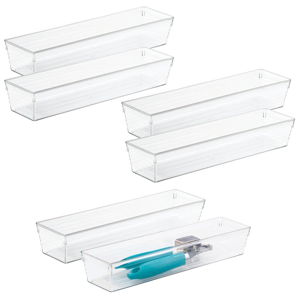 mDesign Plastic Kitchen Cabinet Drawer Organizer Tray - Storage Bin for Cutlery, Serving Spoons, Cooking Utensils, Gadgets - BPA Free, Food Safe, 12" Long, 6 Pack - Clear
