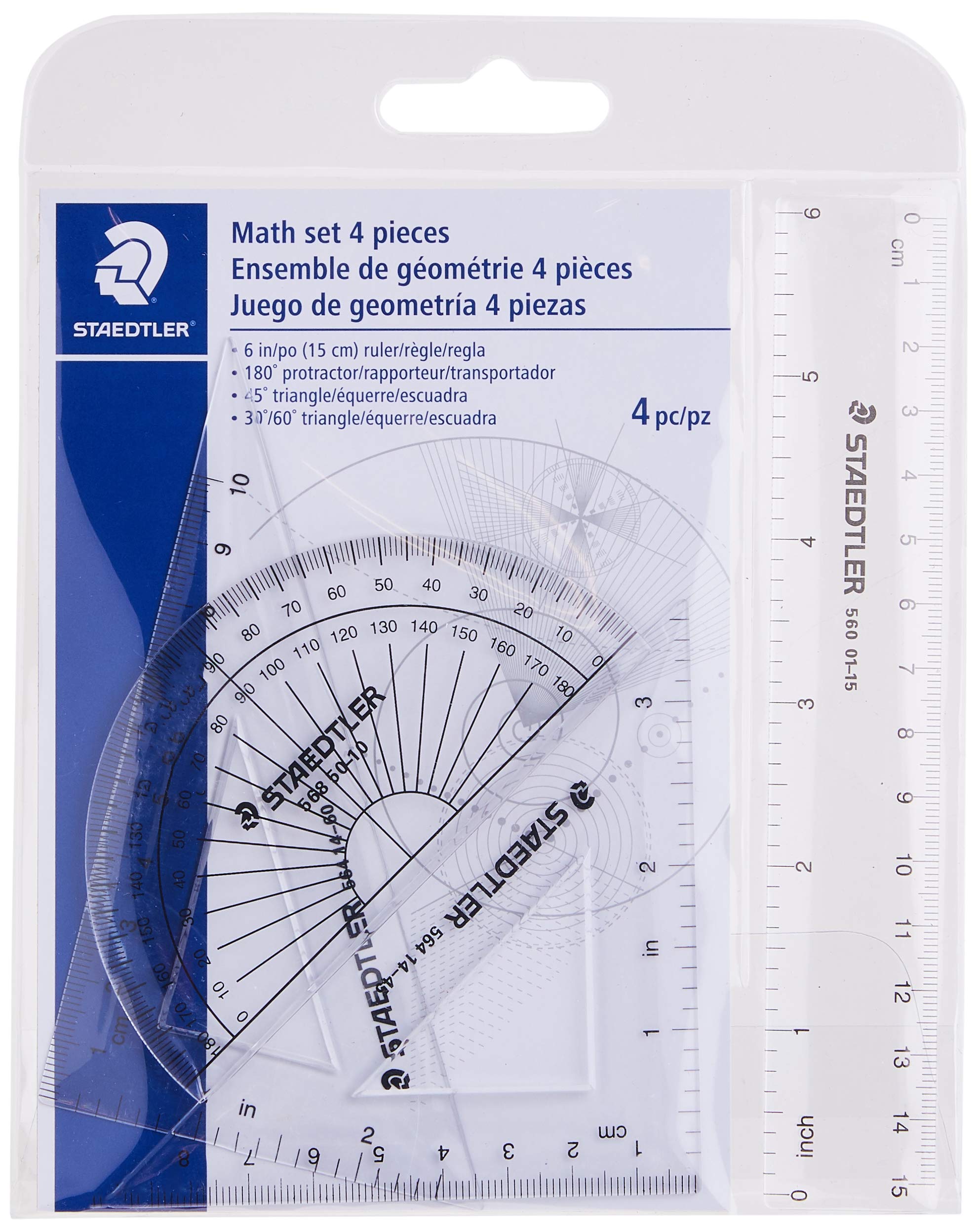 STAEDTLER math set, 4 piece portable wallet, essential for school and home use, 569 WP4,transparent