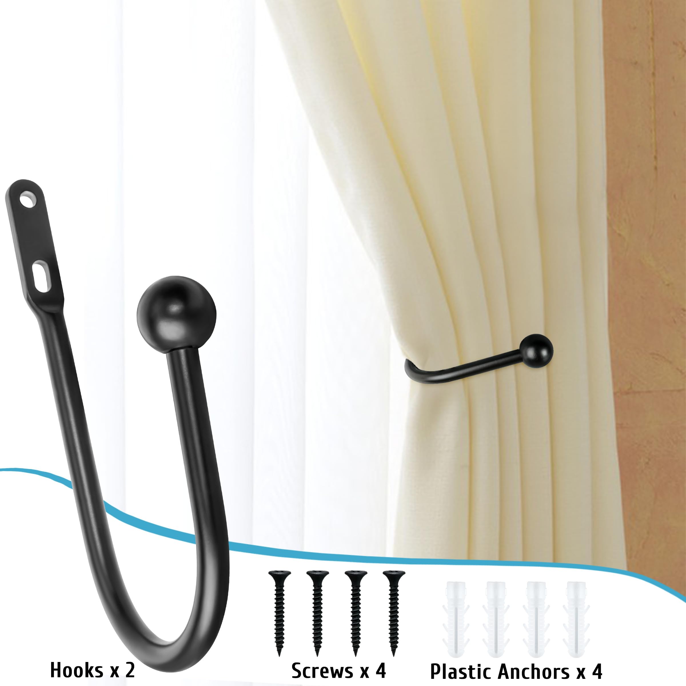 VRSS Curtain Tiebacks Drapery Holdbacks Simple Vintage Style (2pcs Black)